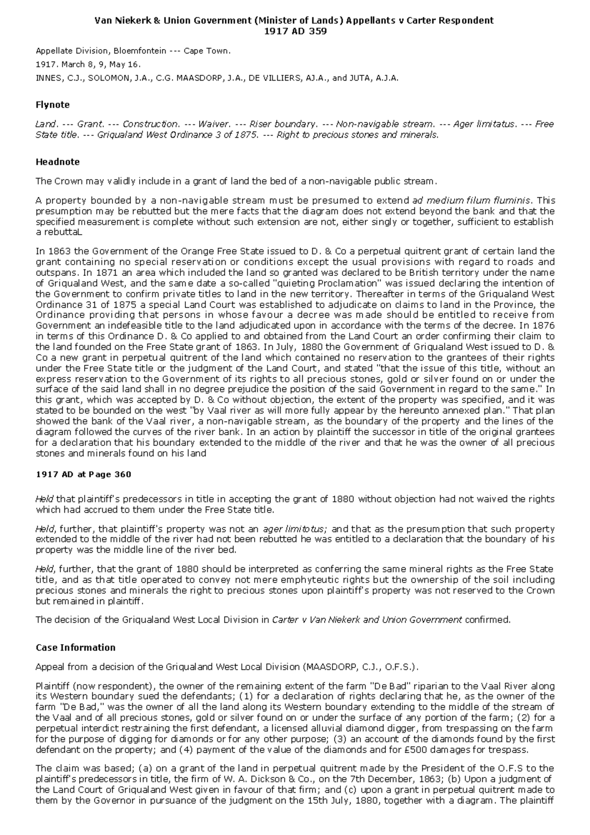 Van Niekerk & Union Government (Minister of Lands) Appellants v Carter ...