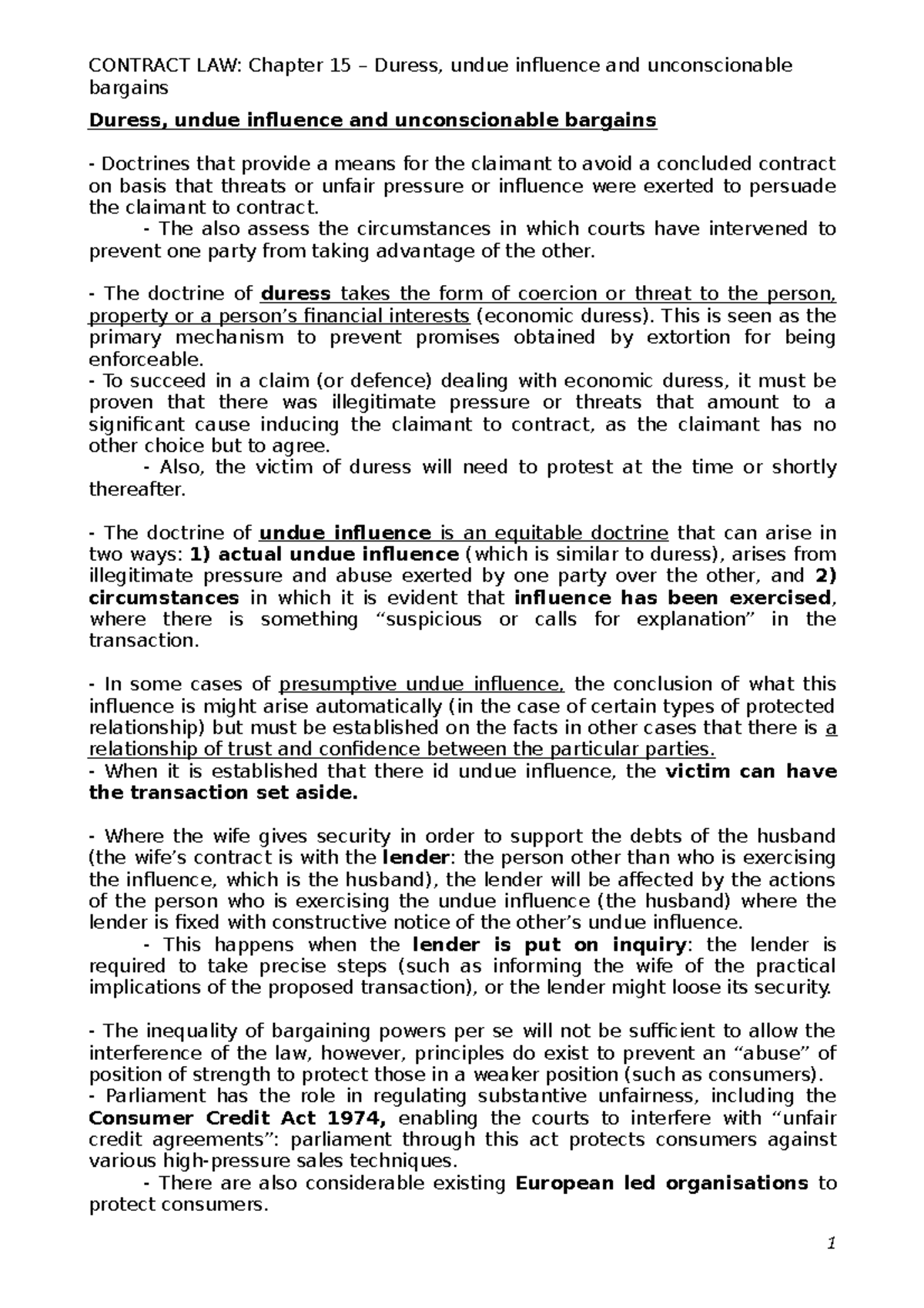 Chapter 15 - duress - CONTRACT LAW: Chapter 15 Duress, undue influence ...