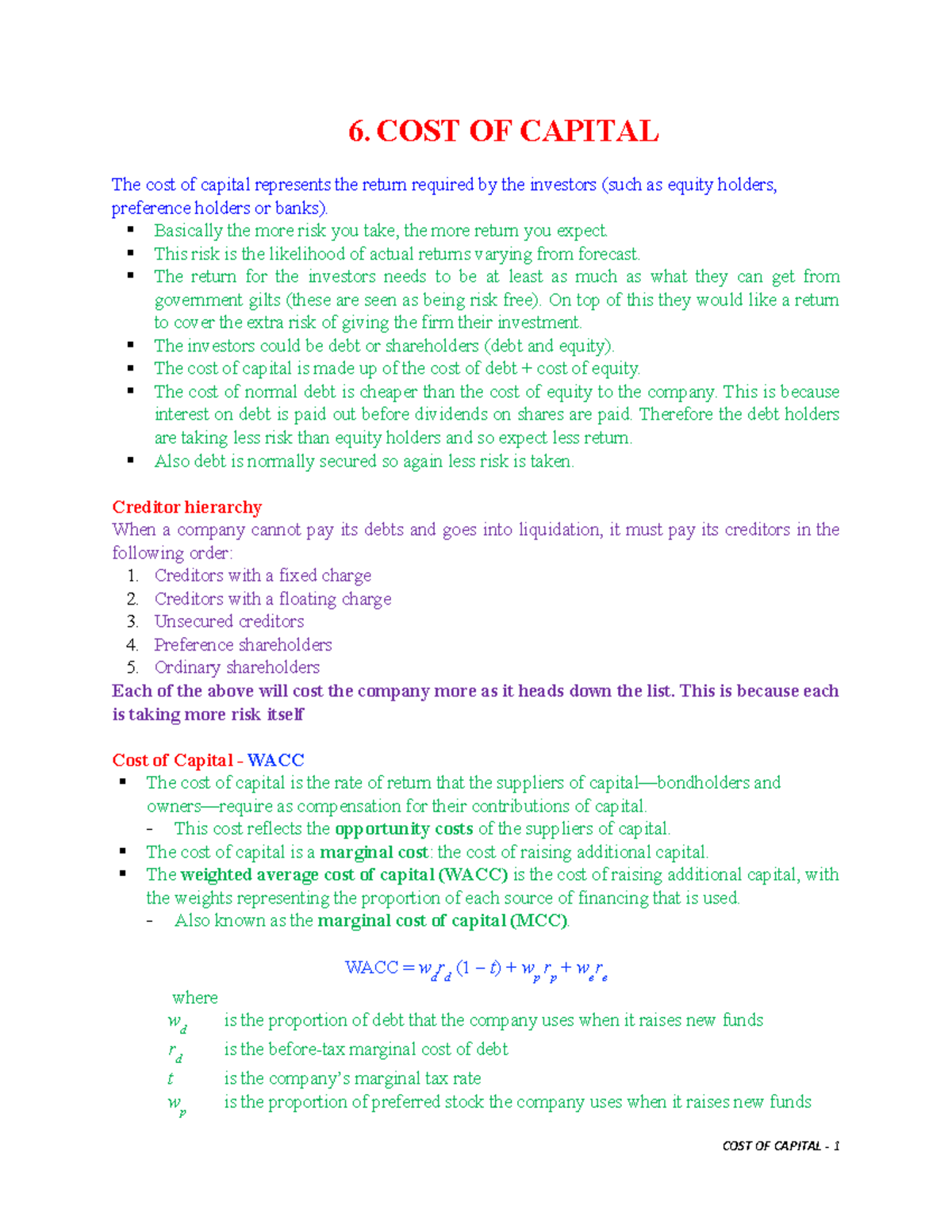 6. Cost of Capital - notes - 6. COST OF CAPITAL The cost of capital ...
