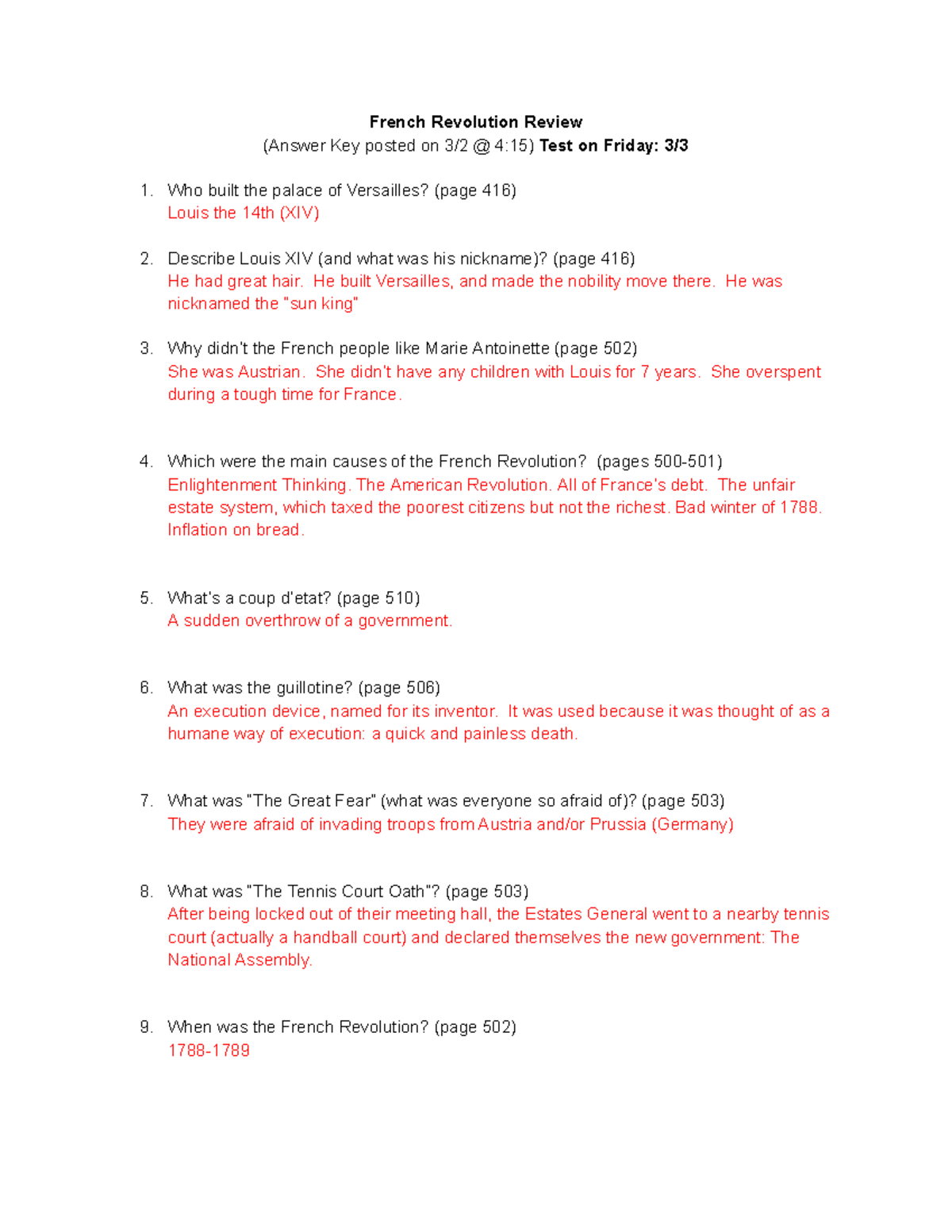 (Answer Key) The French Revolution Review - French Revolution Review ...