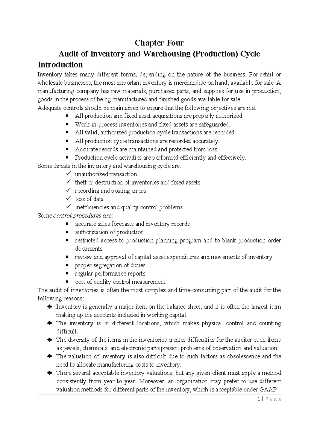 Auditing-II-Chapter Four DM - Chapter Four Audit of Inventory and ...