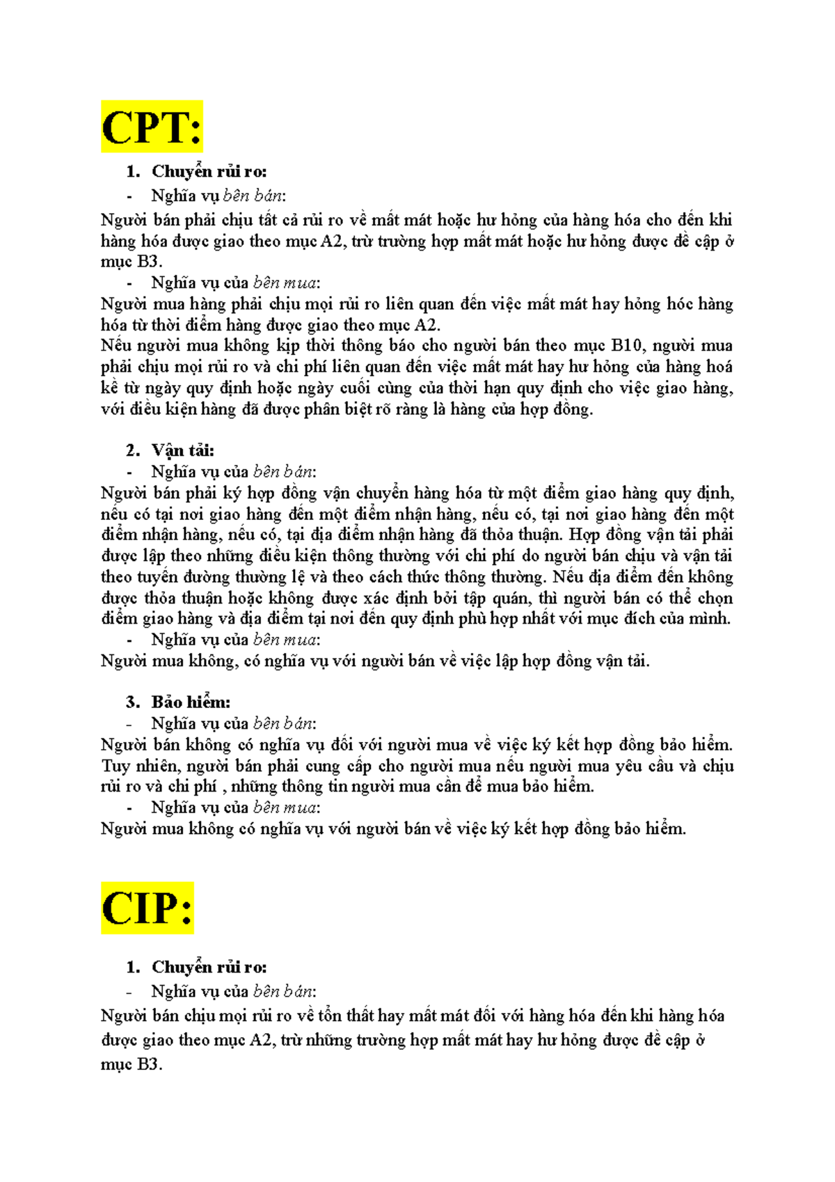 RR VT BH CPT CIP - dâpn - CPT: Chuyển rủi ro: Nghĩa vụ bên bán: Người ...