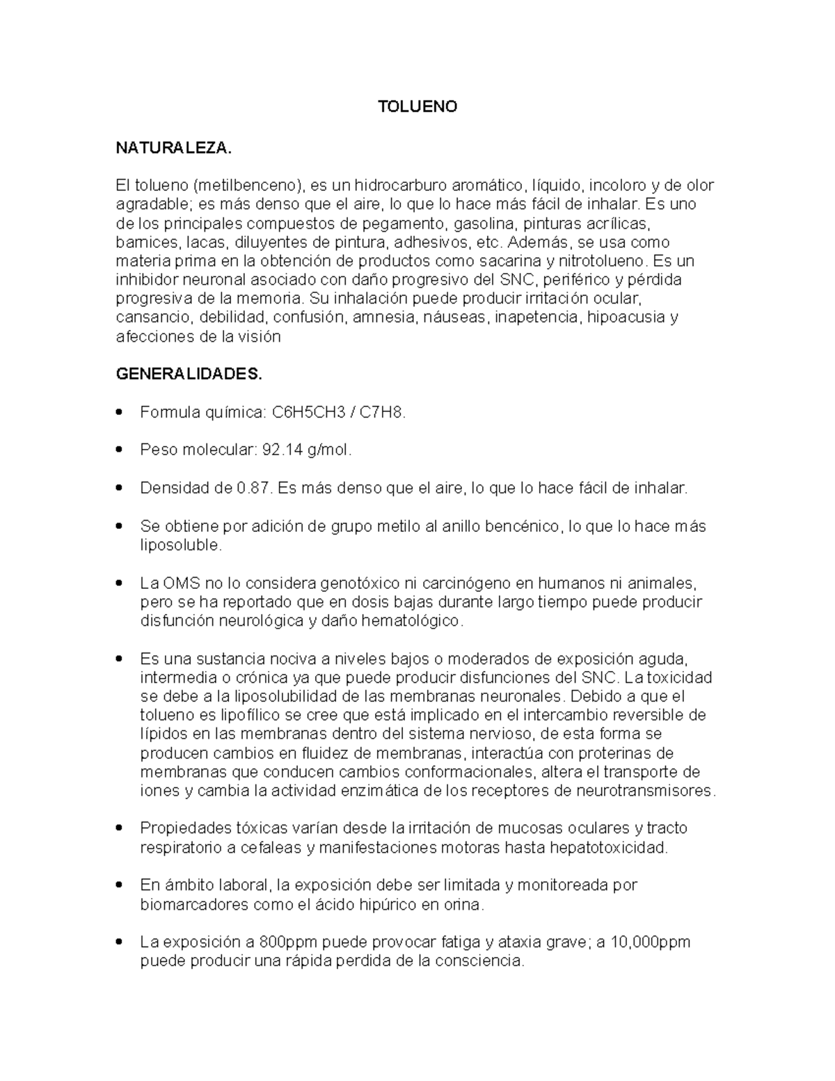 Tolueno - Resumen Generalidades en Medicina - TOLUENO NATURALEZA. El ...