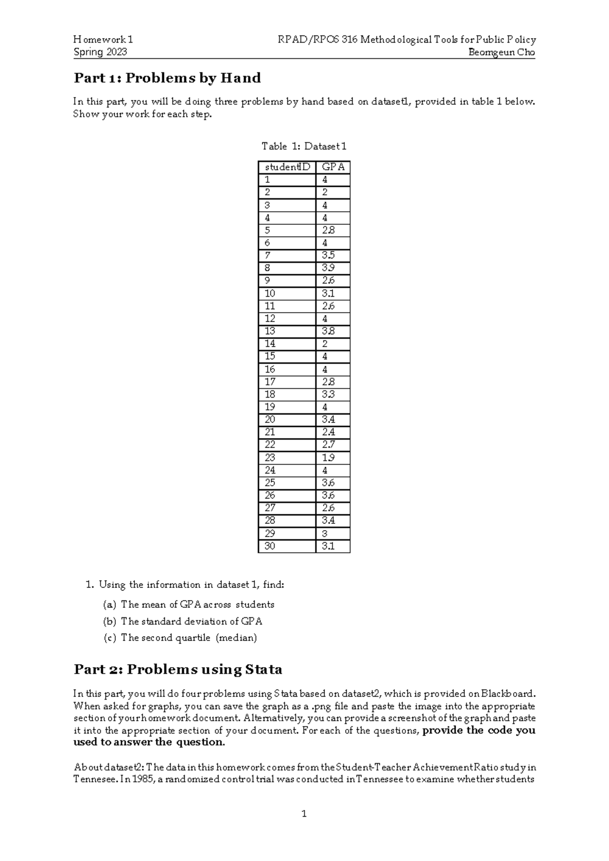 RPAD316 Homework 1 - Homework 1 Spring 2023 Part 1: Problems by Hand RPAD/RPOS 316 ...