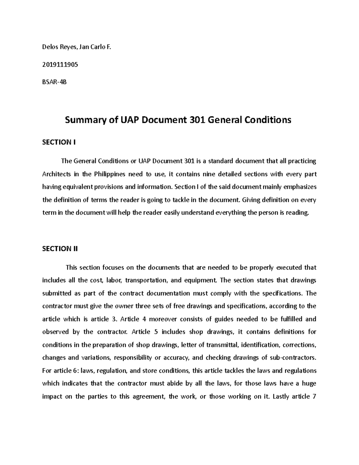 UAP 301 - none - Delos Reyes, Jan Carlo F. 2019111905 BSAR-4B Summary ...