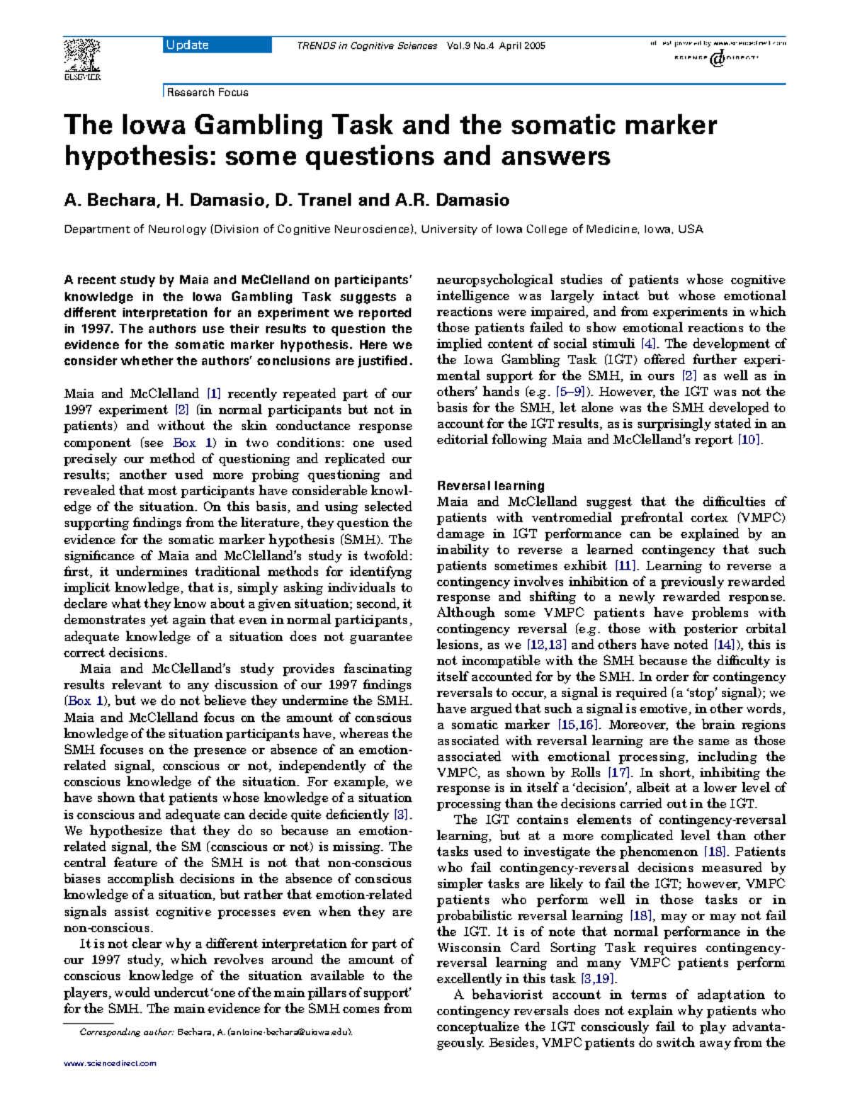 Bechara Et Al 05 Ti CS - Research Focus The Iowa Gambling Task and the ...