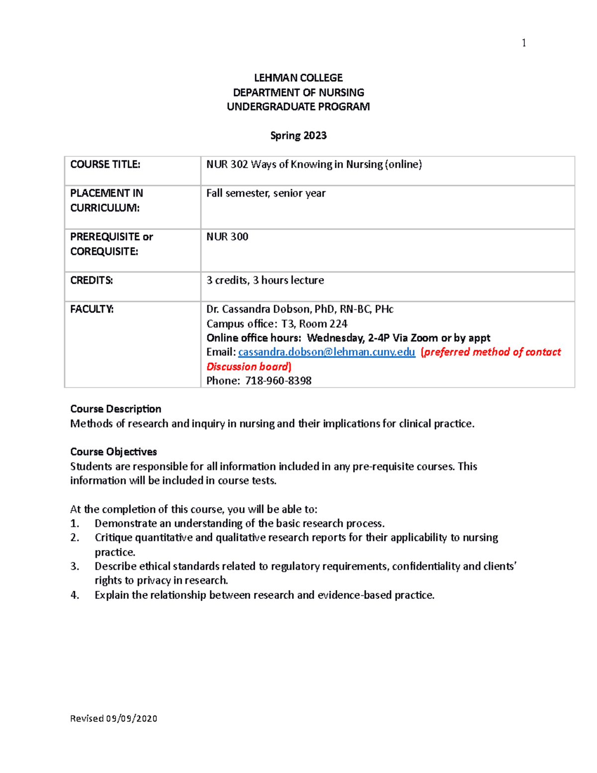 NUR 302 Spr 2023 - syllabus - LEHMAN COLLEGE DEPARTMENT OF NURSING ...