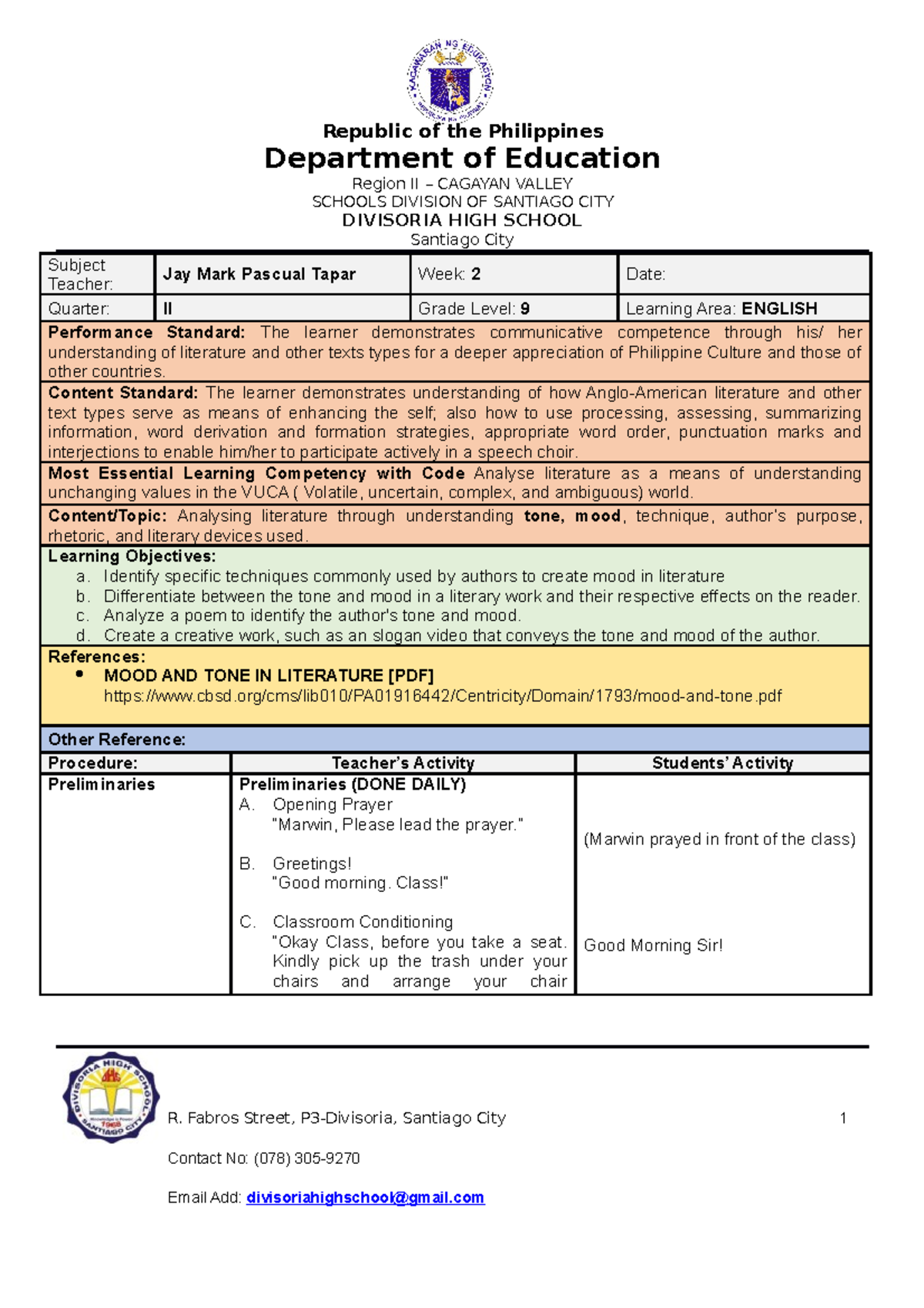 Lesson PLAN Quarter 2 - Department of Education Region II – CAGAYAN ...