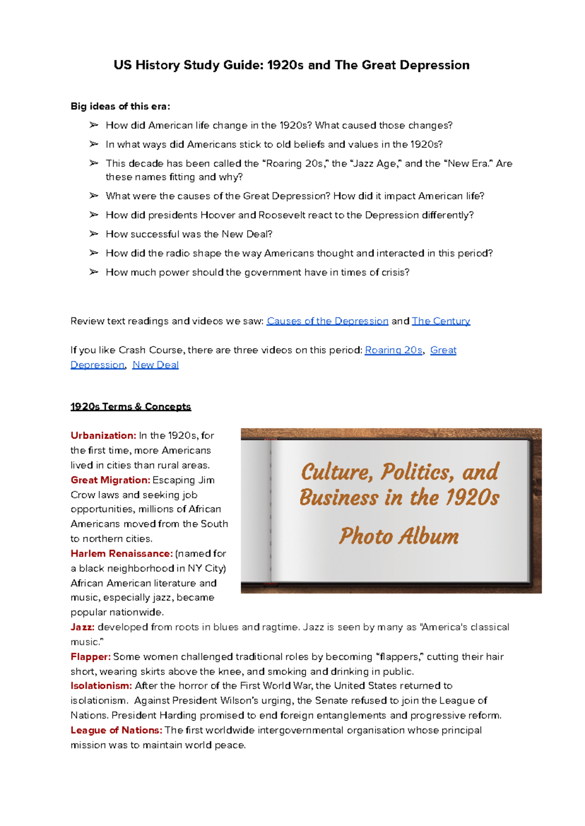 Copy of 1920s-Depression Study Guide - US History Study Guide: 1920s ...