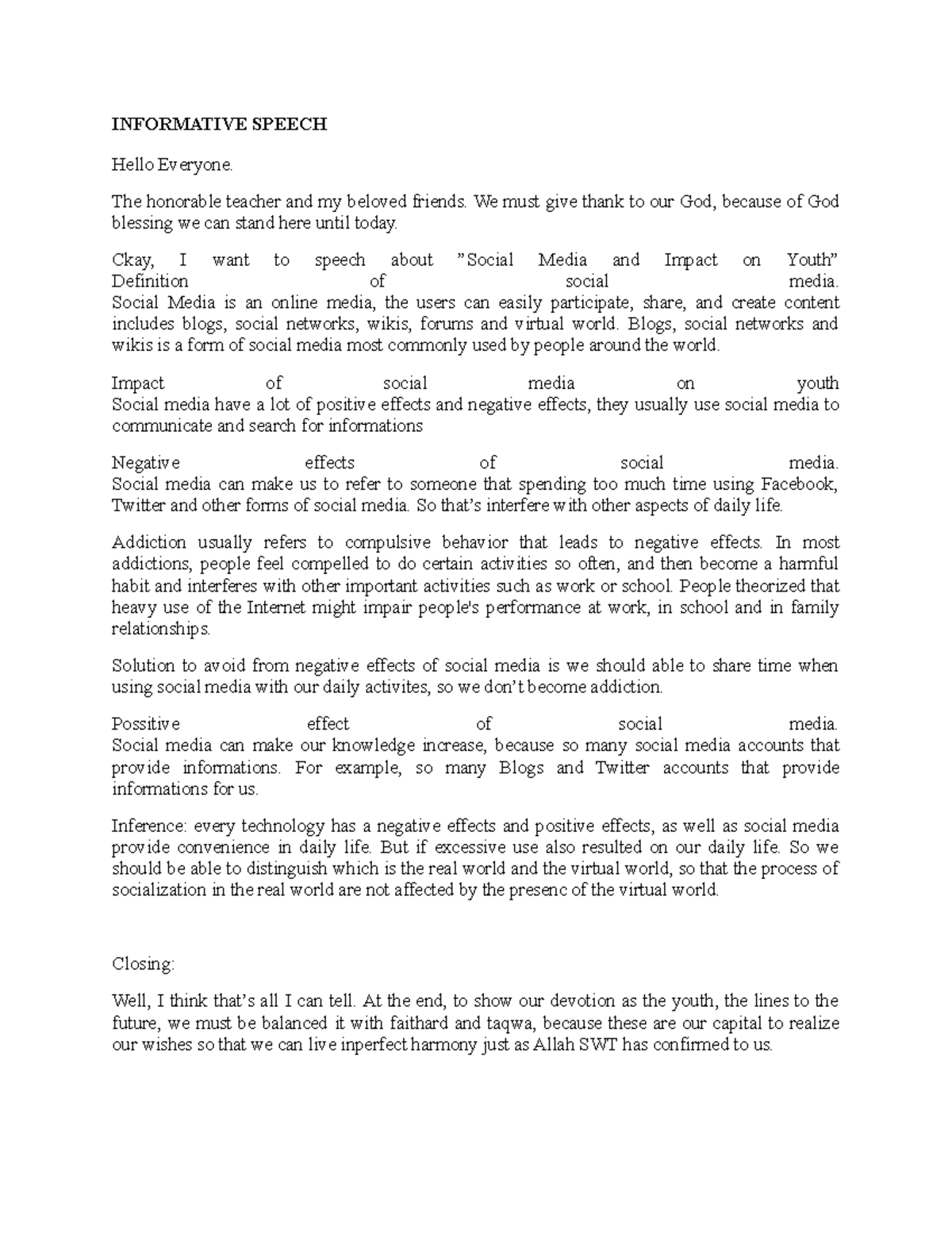 Informative Speech - Public Speaking Course - INFORMATIVE SPEECH Hello ...