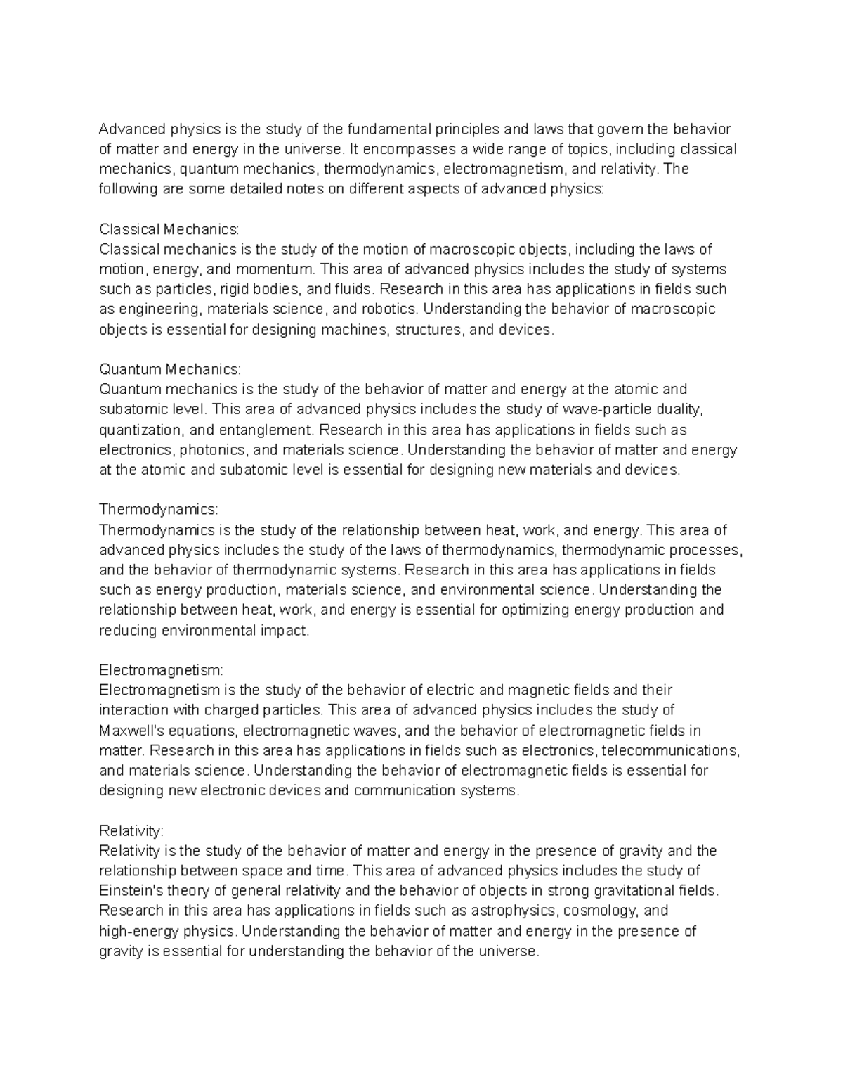 Notes on Advanced Physics - Advanced physics is the study of the ...