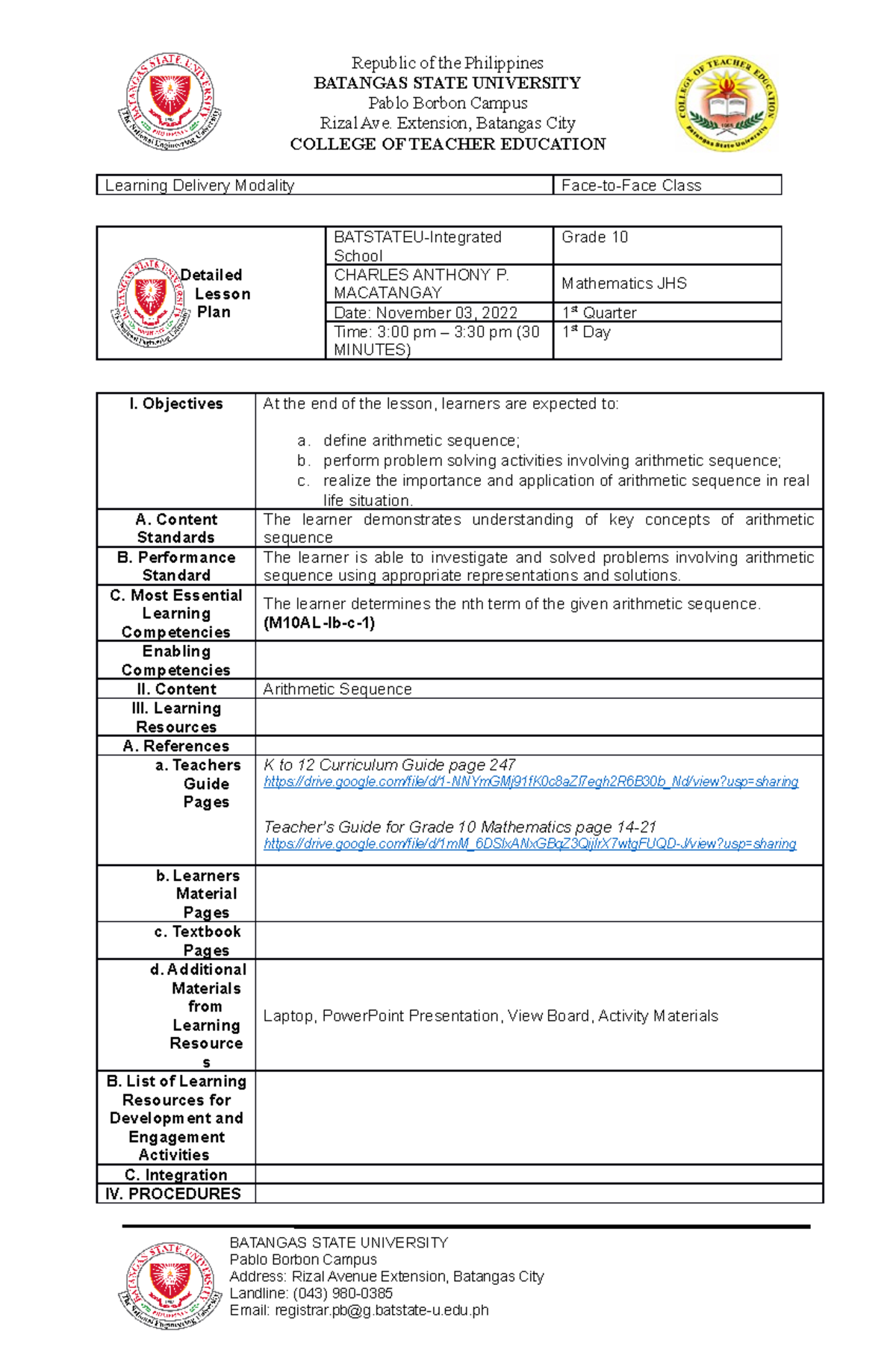DT Lesson Plan MEd 314 - NONE - BATANGAS STATE UNIVERSITY Pablo Borbon ...