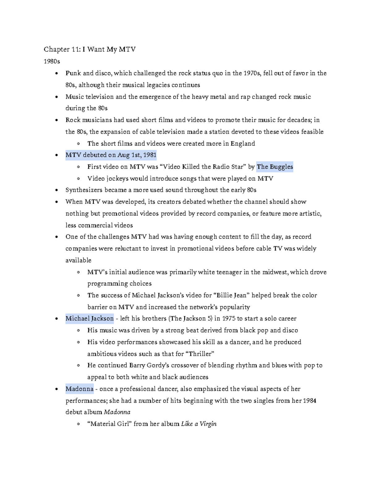 Notes 4 19 - Chapter 11: I Want My MTV 1980s Punk and disco, which ...