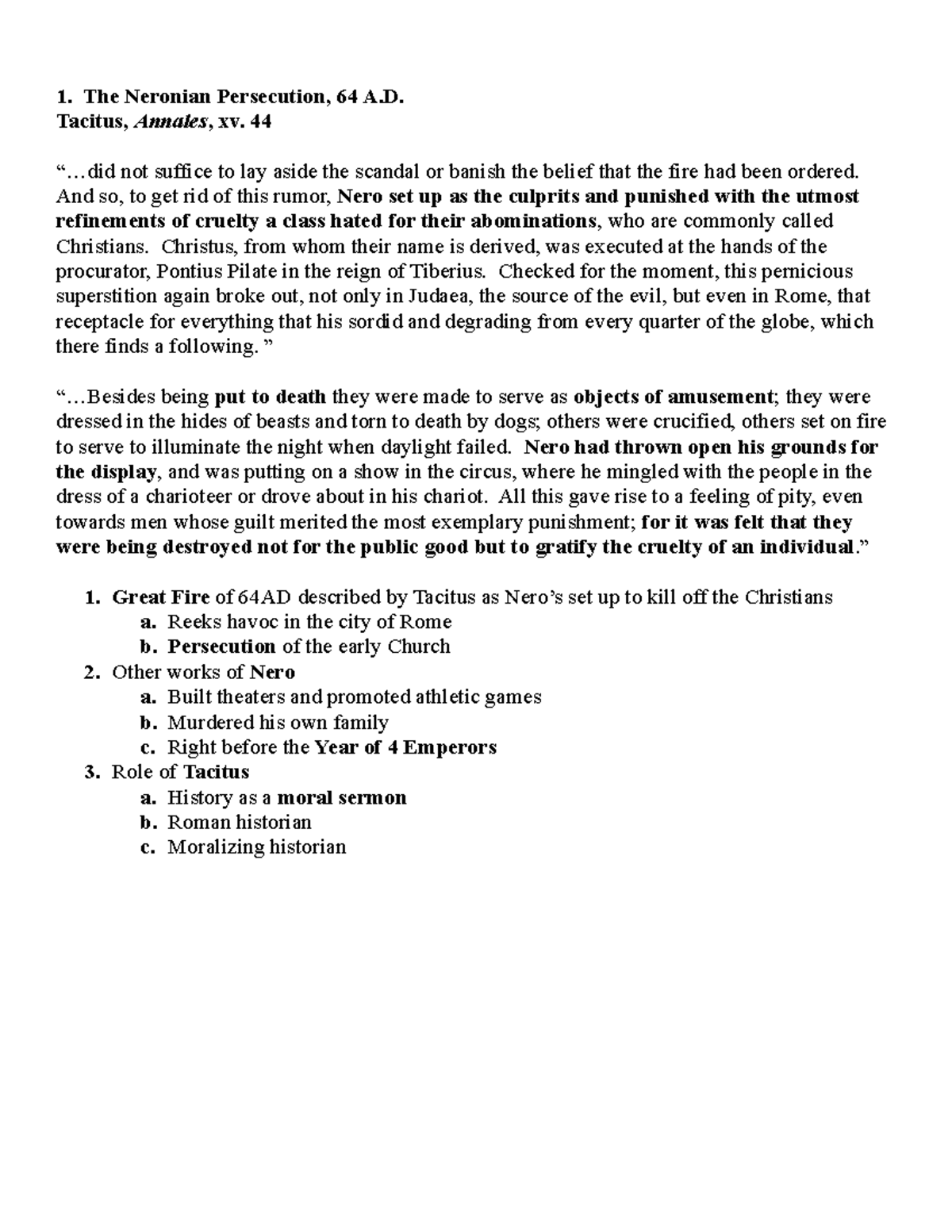 Primary Source Essay Outline - The Neronian Persecution, 64 A. Tacitus ...