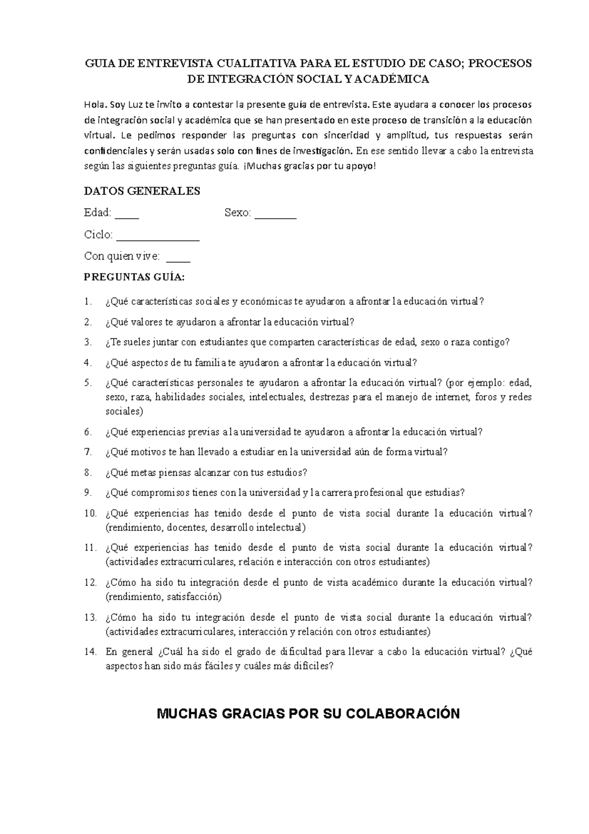 Entrevista semi-estructurada MAYO - GUIA DE ENTREVISTA CUALITATIVA PARA ...