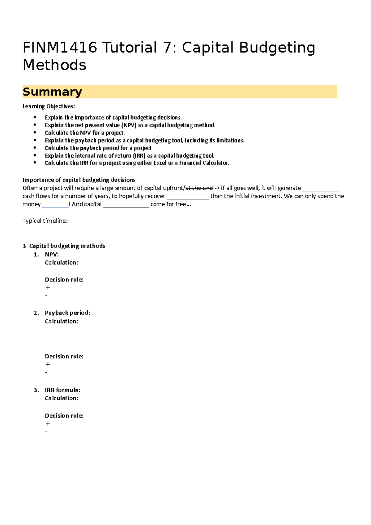 Tutorial 7 Handout Students - FINM1416 Tutorial 7: Capital Budgeting ...