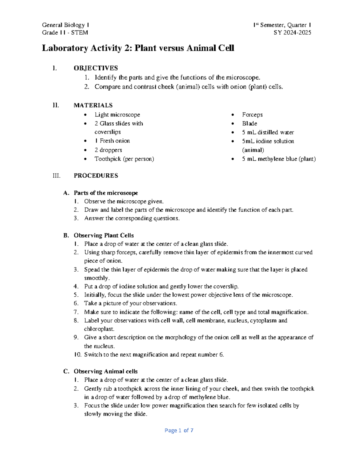 Genbio 1 LAB2 Plant vs Animal Cell - Grade 11 - STEM SY 2024 - 2025 ...