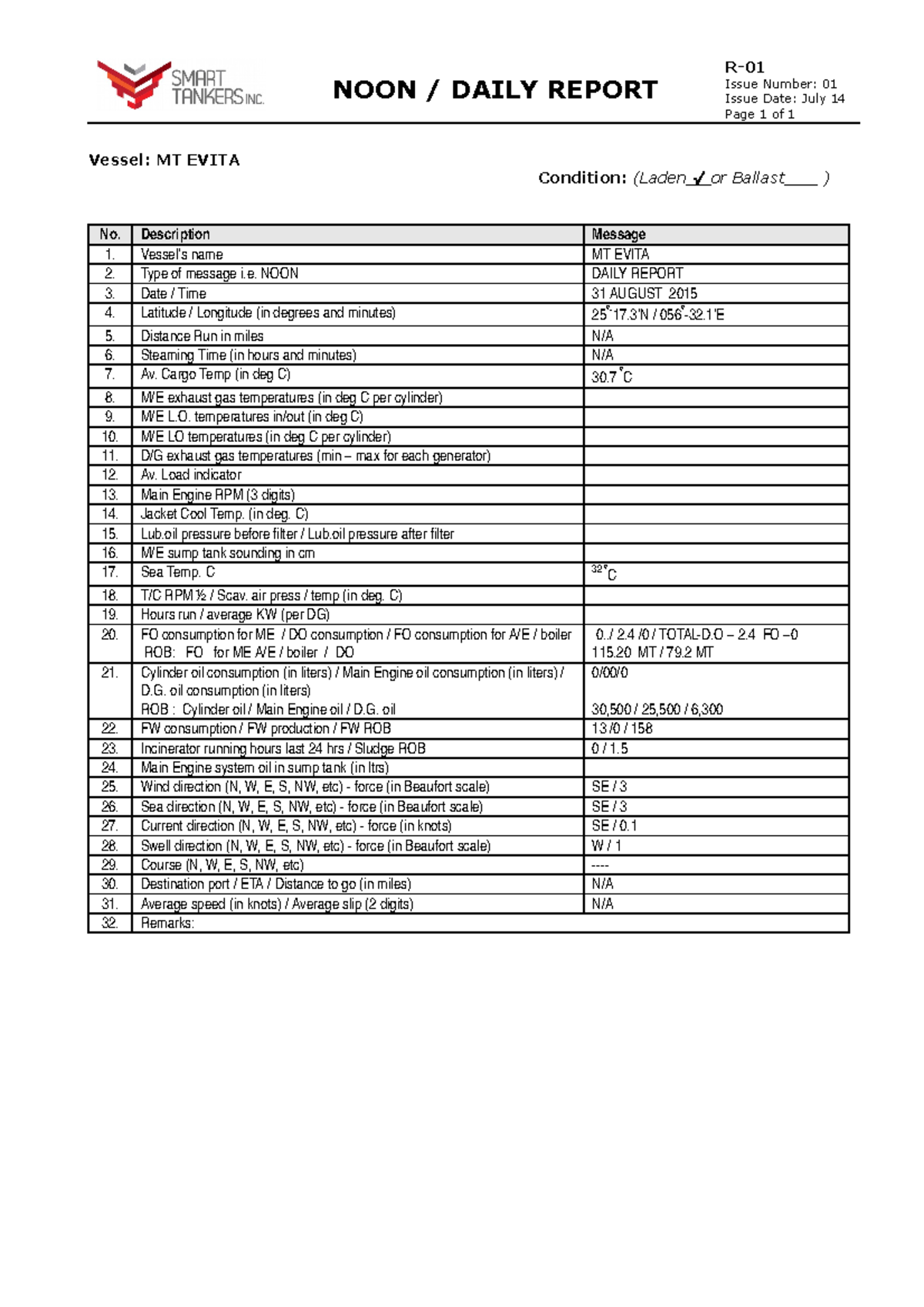 CFAS assignment - NOON / DAILY REPORT R- Issue Number: 01 Issue Date ...