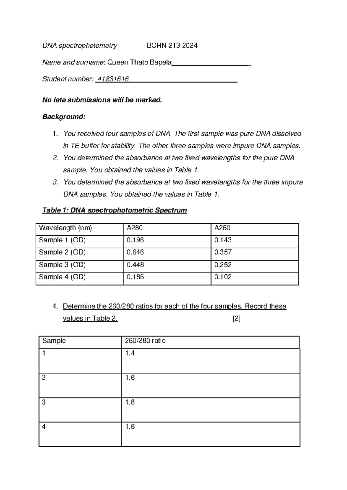 BCHN 213 41831616 - DNA spectrophotometry BCHN 213 2024 Name and ...