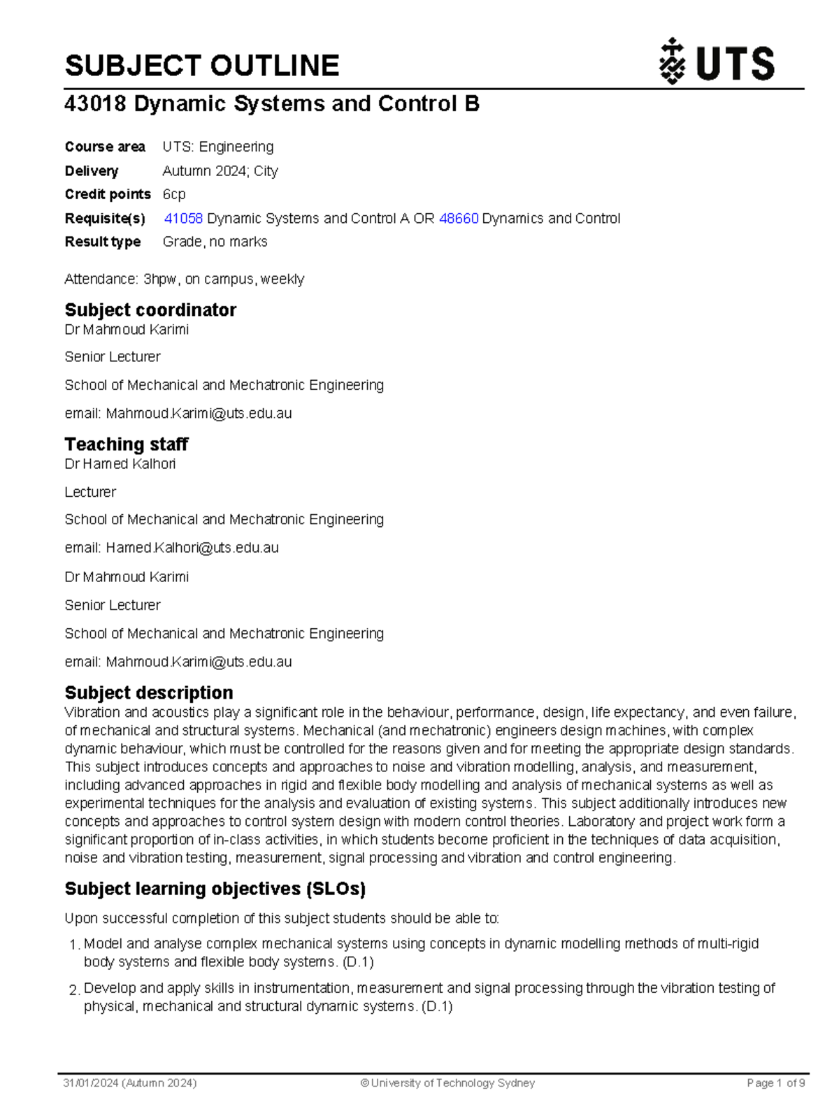 DS&C B Subject Outline - SUBJECT OUTLINE 43018 Dynamic Systems and ...