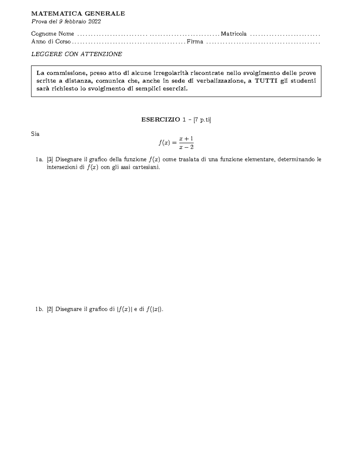 Mat Gen 09 02 22 - esempio prova di matematica generale - MATEMATICA GENERALE Prova del 9 ...