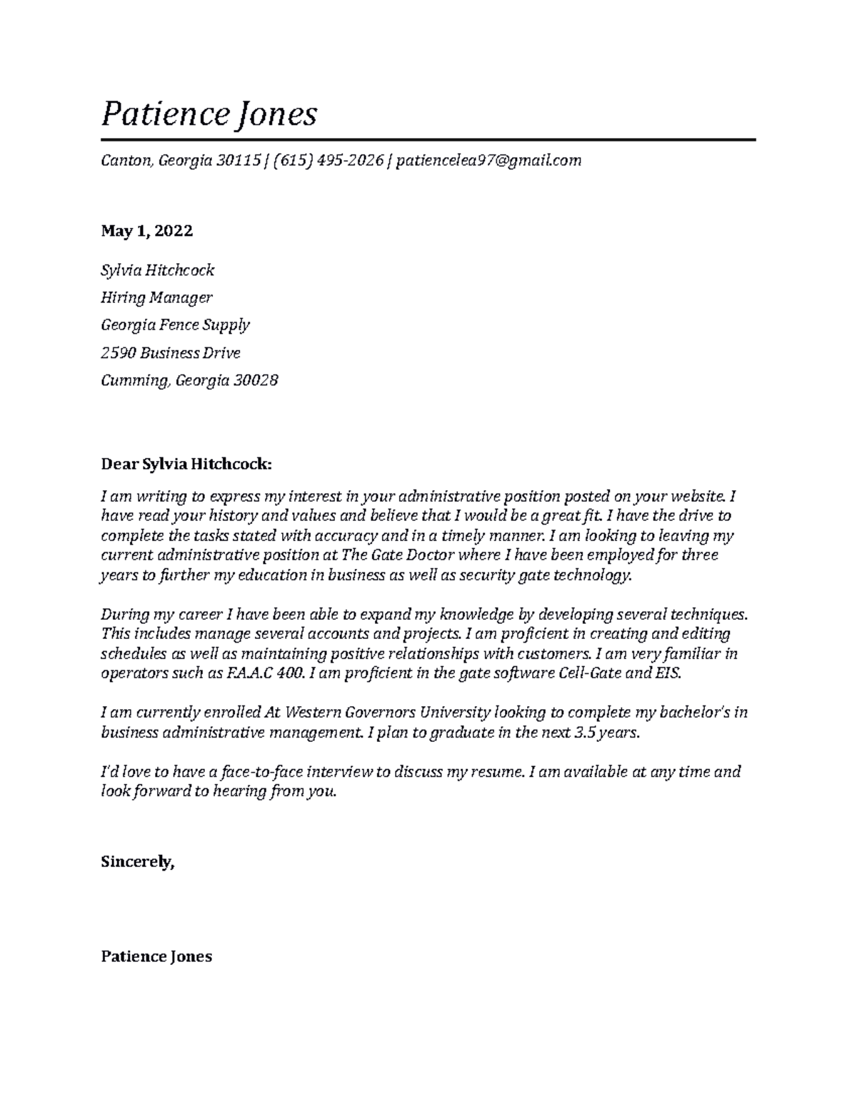 Patience Jones 009946203 SRM1 TASK 2 Cover Letter AND Resume - Patience ...