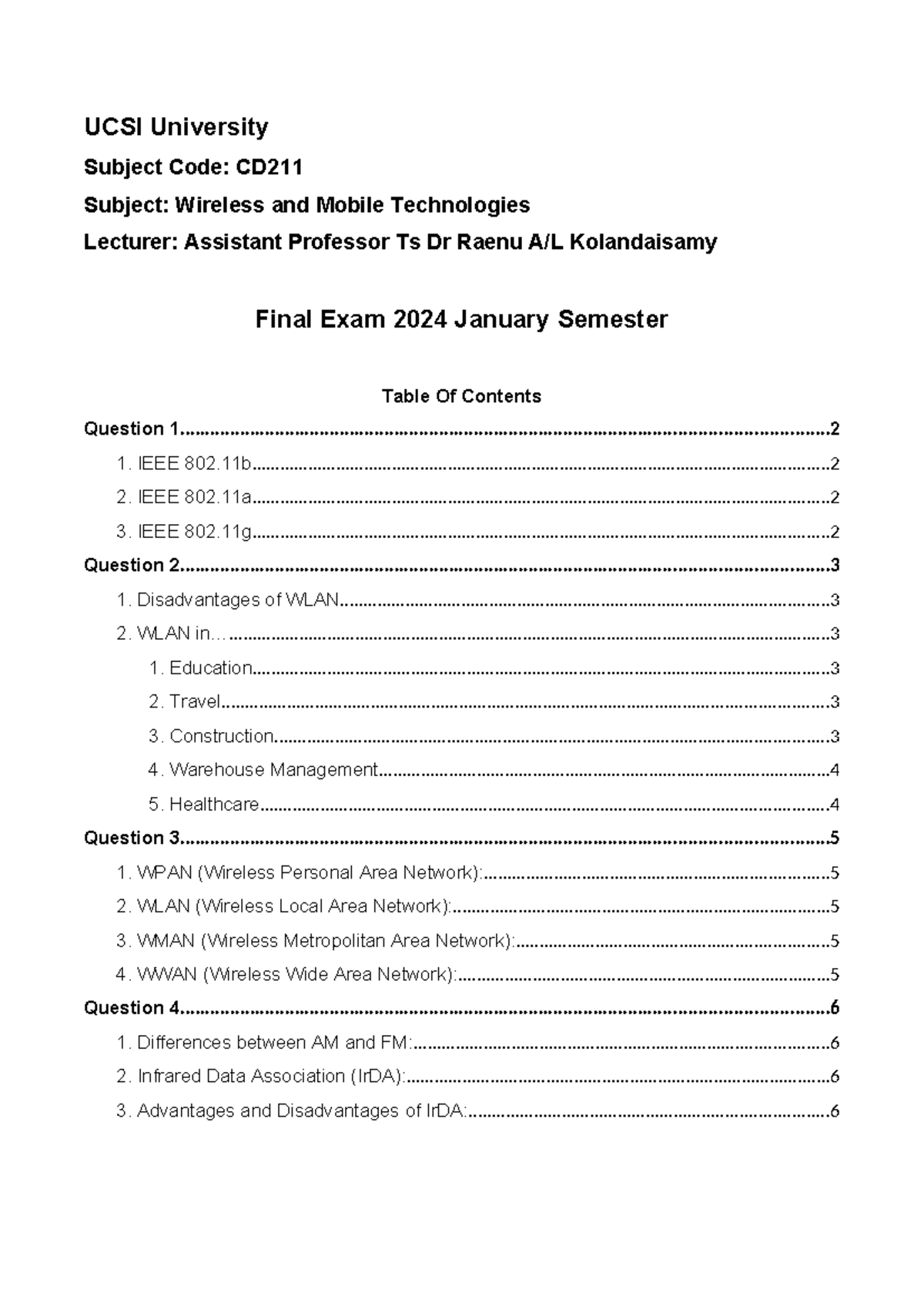 Final Exam 2024 Jan Semester - UCSI University Subject: Wireless and ...