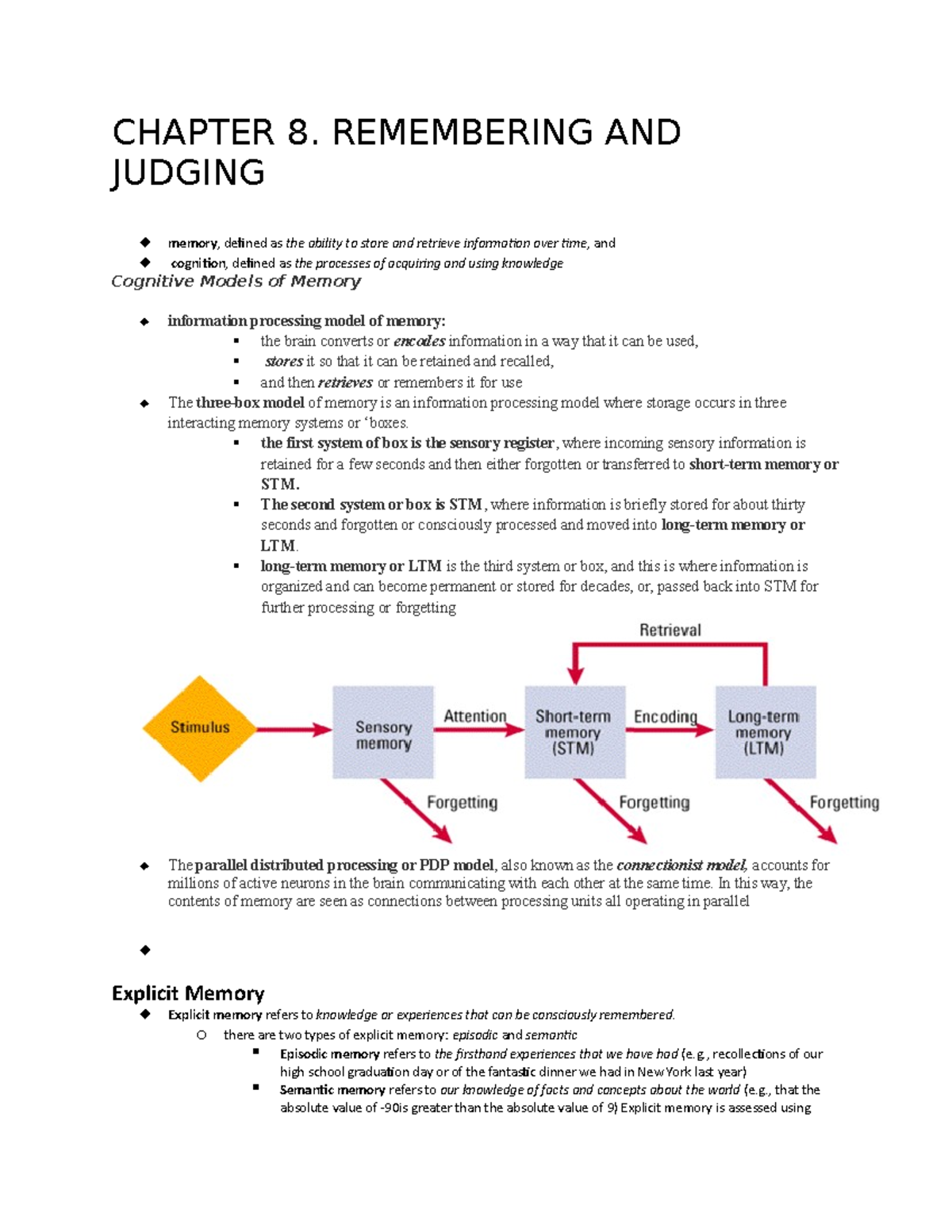 Chapter 8 - notes - CHAPTER 8. REMEMBERING AND JUDGING memory , defined ...