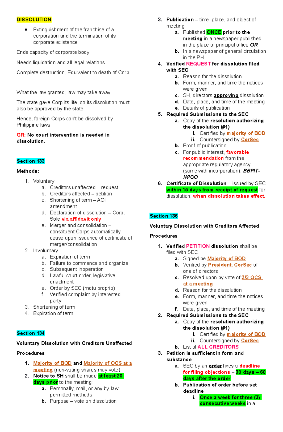 Secs 133 - 188 Notes (Dissolu, Foreign, Pen, Misc) - Copy - DISSOLUTION ...