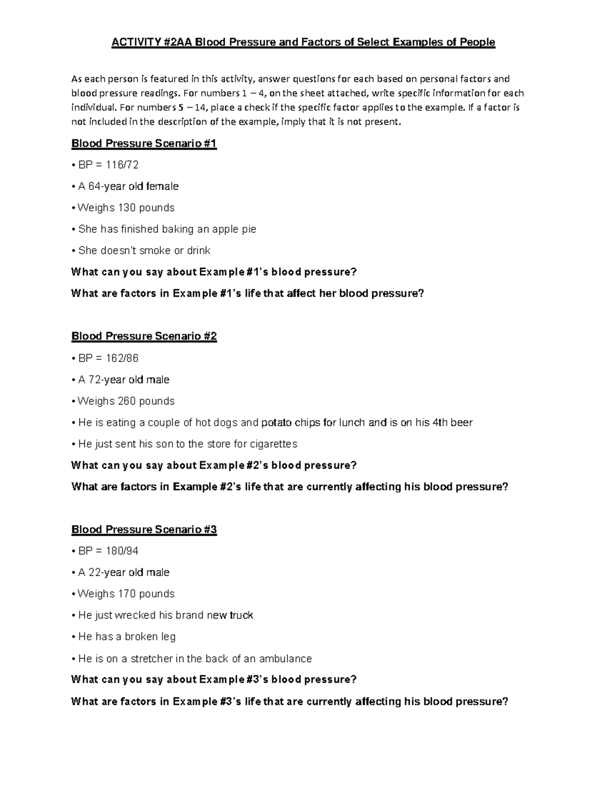 Activity #2AA Blood Pressure and Factors of Select Examples of People ...