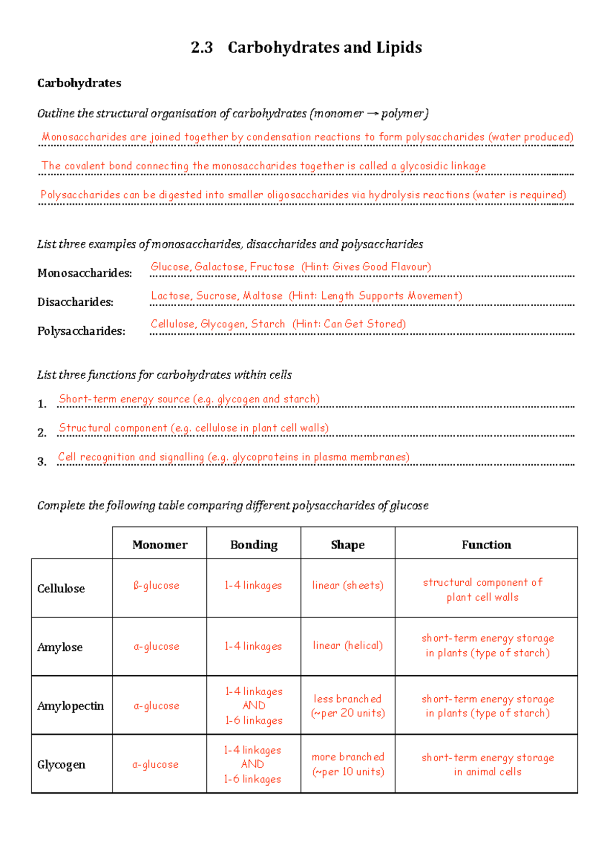 Topic 2.3 worksheet (answers) - 2 Carbohydrates and Lipids ...