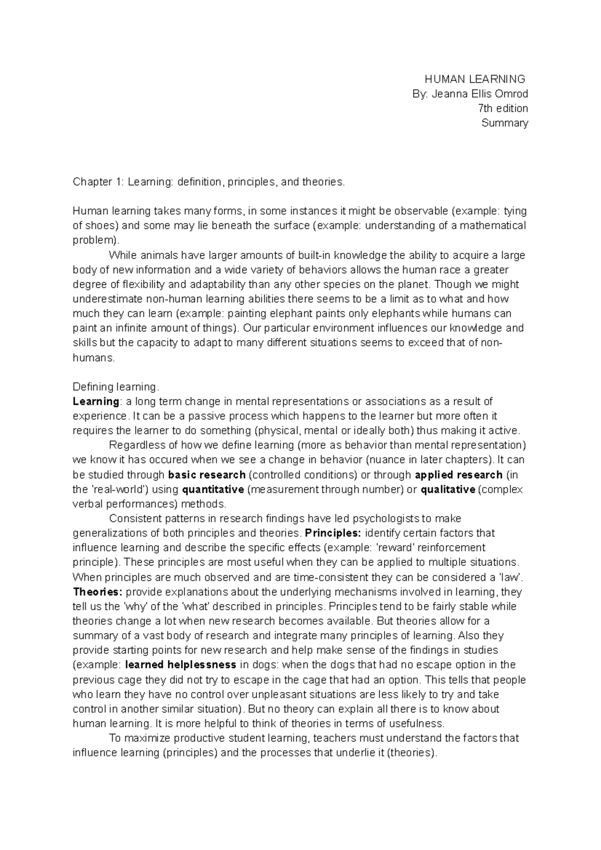 Summary Human Learning by Jeanne Omrod - HUMAN LEARNING By: Jeanna ...