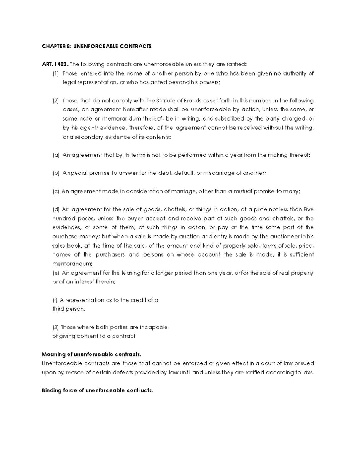Chapter 8 Unenforceable Contracts - ART. 1403 - CHAPTER 8 ...
