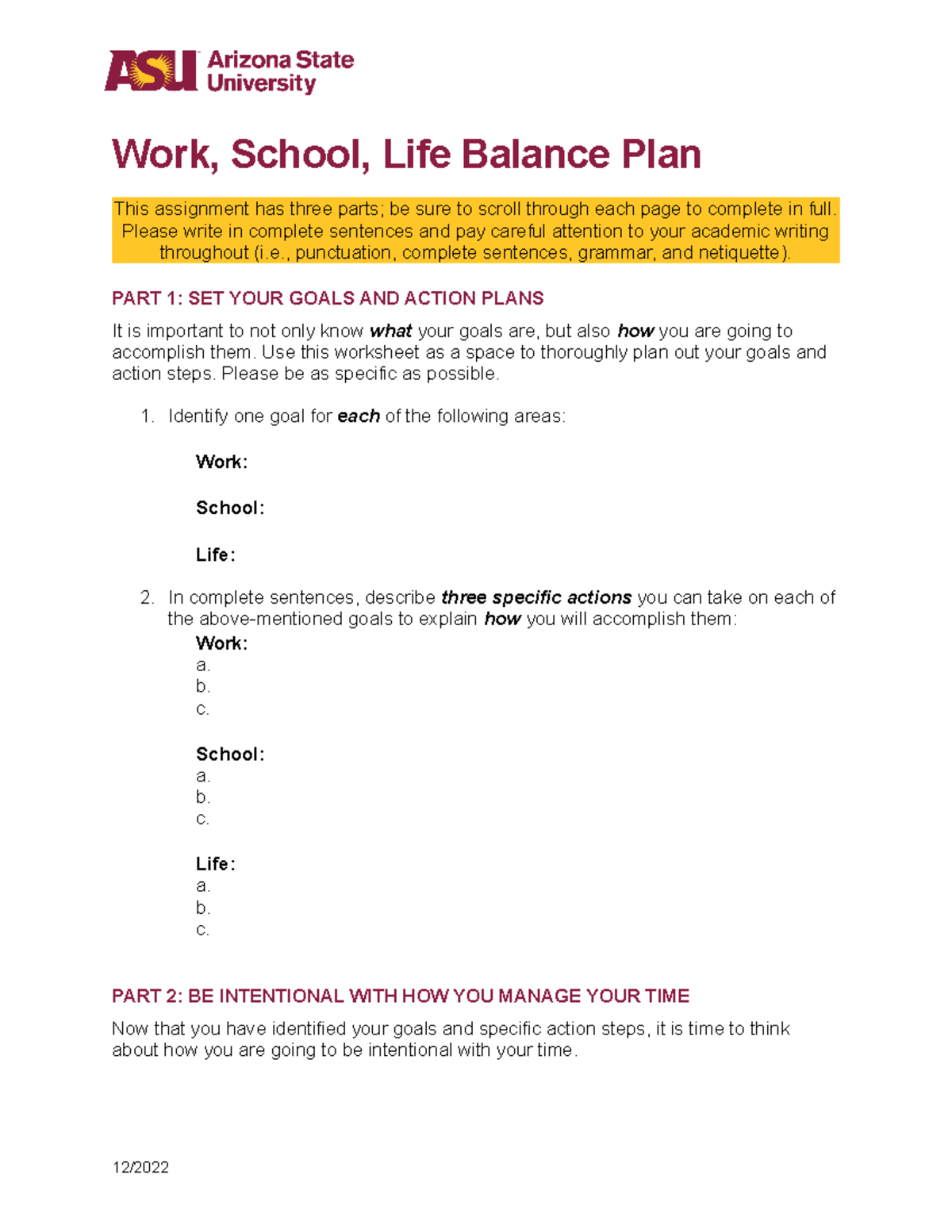Work, School, Life Balance Plan (7 - Work, School, Life Balance Plan ...