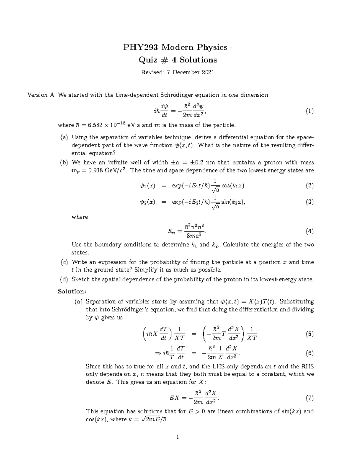 PHY293H1 2021 Quiz4 Solutions - PHY293 Modern Physics – Quiz # 4 ...