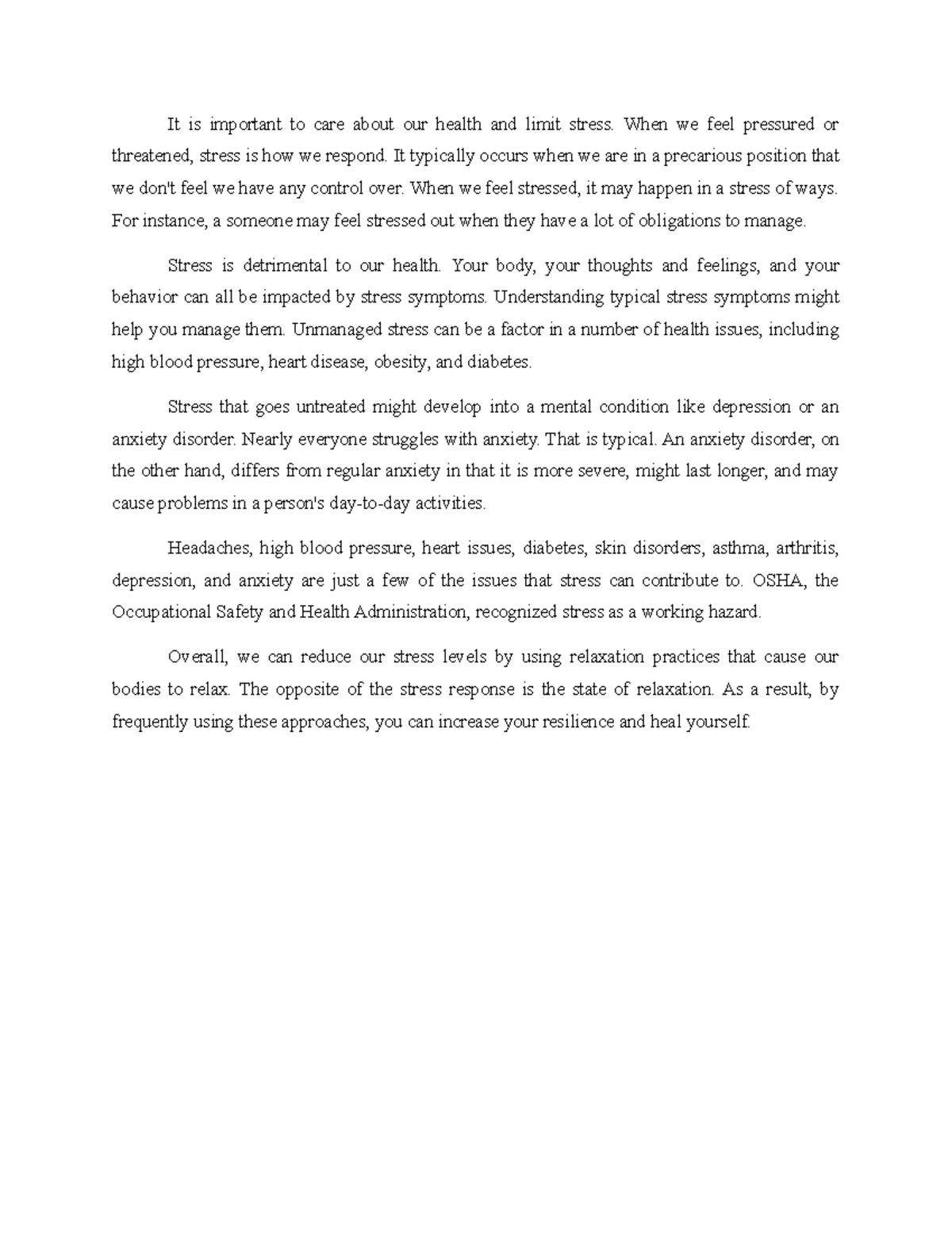 Stress Essay It Is Important To Care About Our Health And Limit