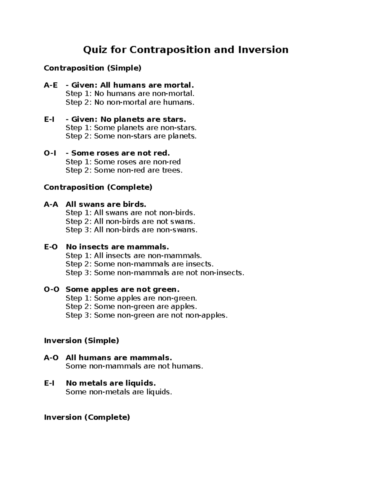Contraposition and Inversion Practice Activity - Quiz for Contraposition and Inversion - Studocu