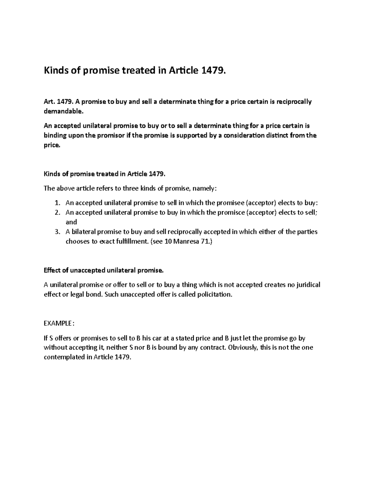 Kinds of promise treated in Article 1479 - Art. 1479. A promise to buy ...