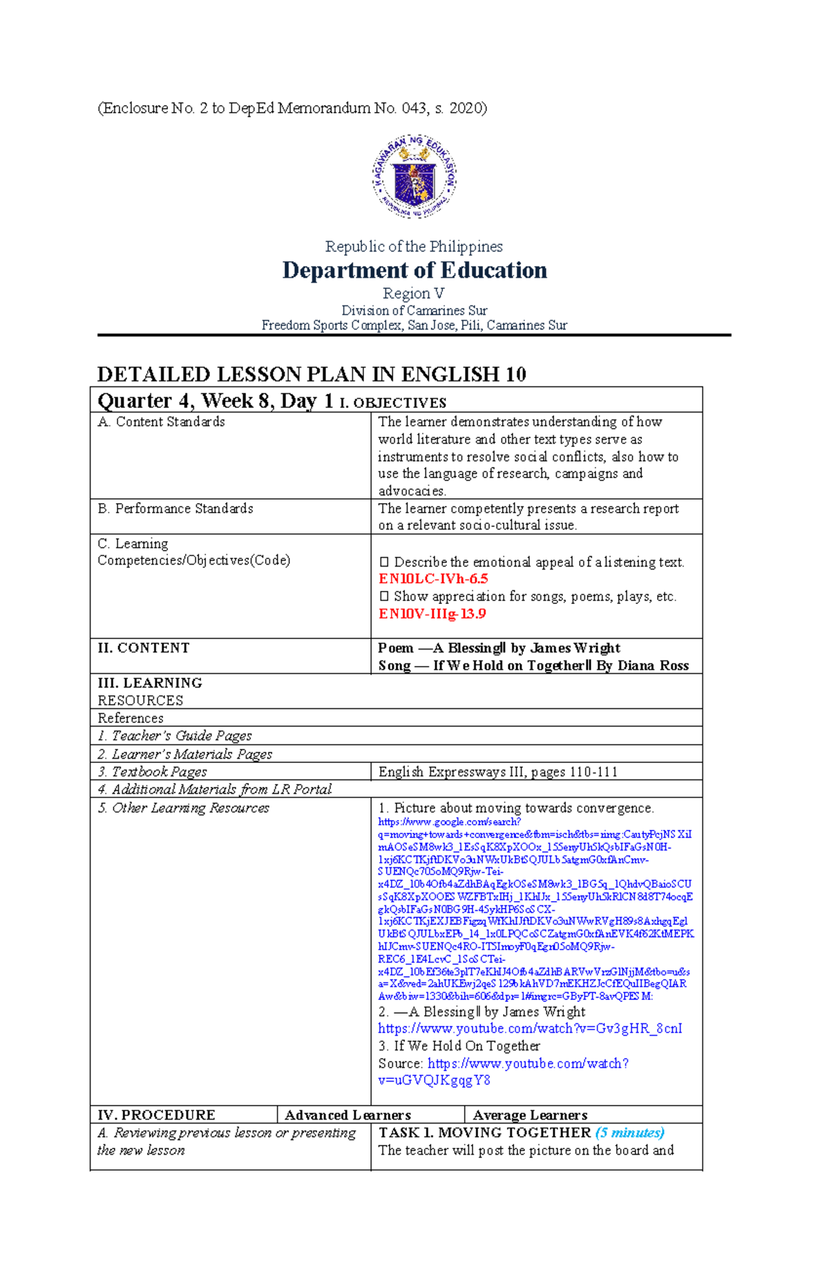 Ilide - (Enclosure No. 2 to DepEd Memorandum No. 043, s. 2020) Republic ...