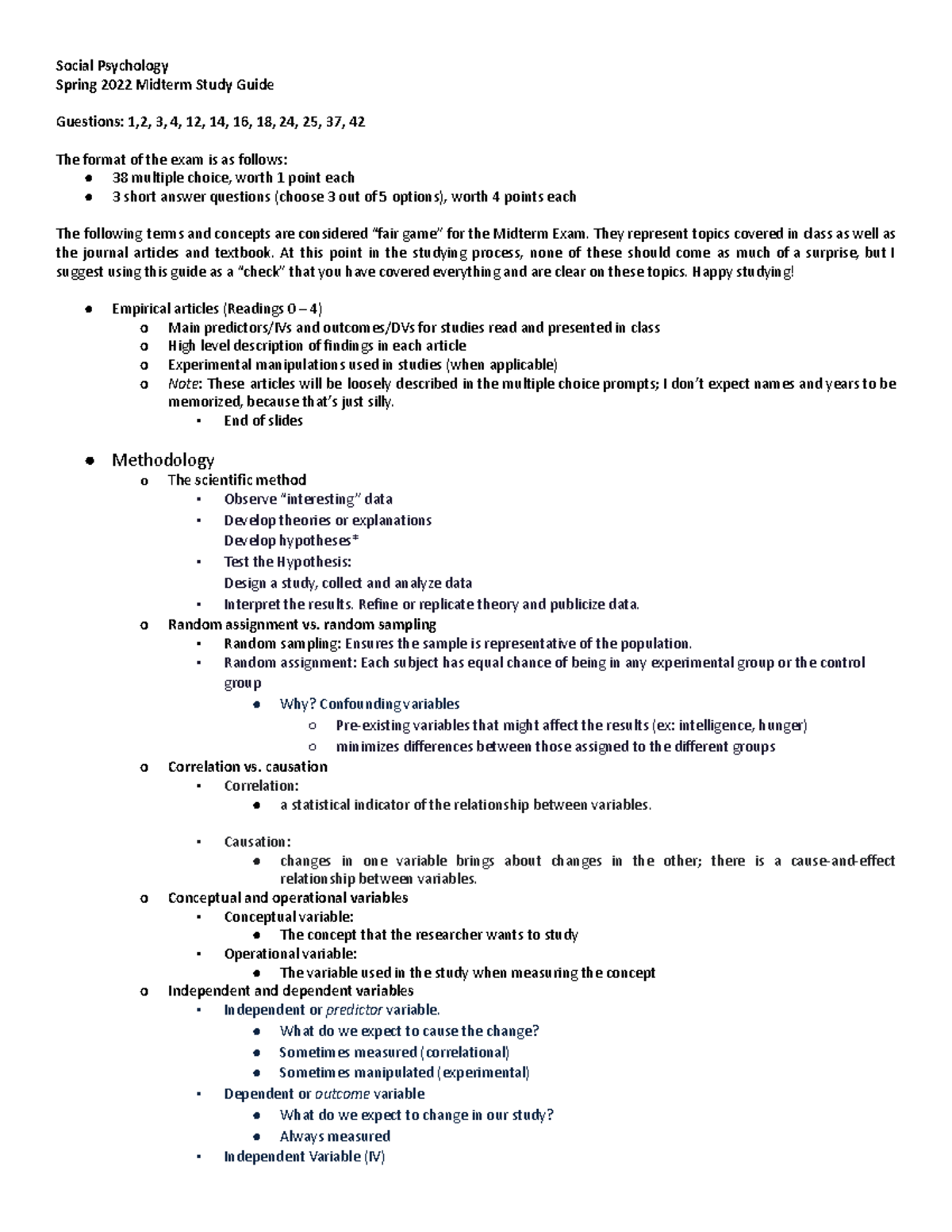 Midterm Study Guide S2022 - Social Psychology Spring 2022 Midterm Study ...