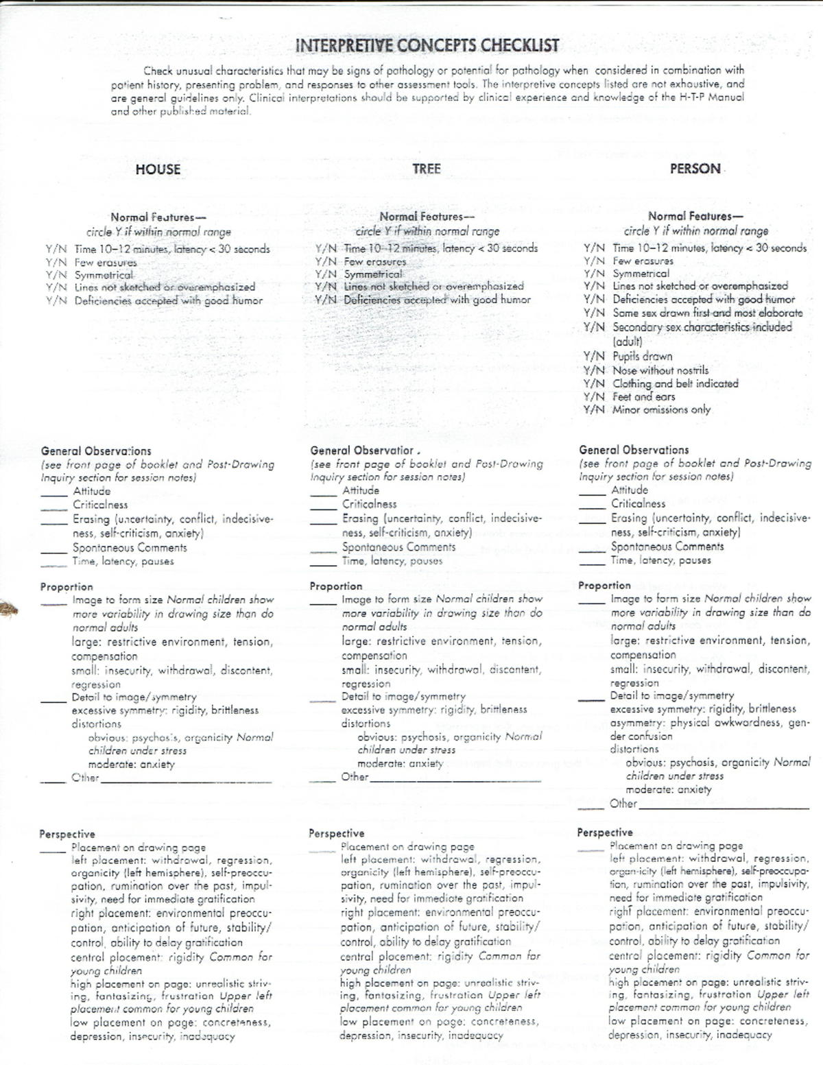 HTP- Interpretation - INTERPRETIVE CONCEPTS CHECKLIST Check unusual ...