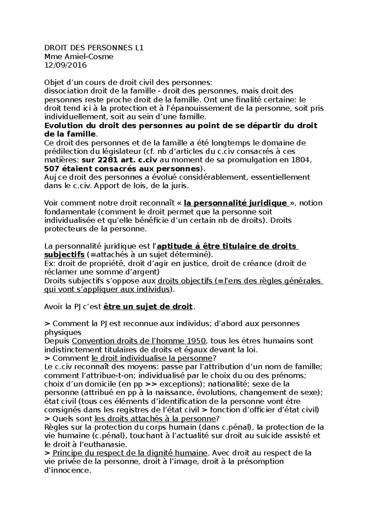 Droit DES Personnes L1 - DROIT DES PERSONNES L1 Mme Objet cours de droit civil des personnes ...