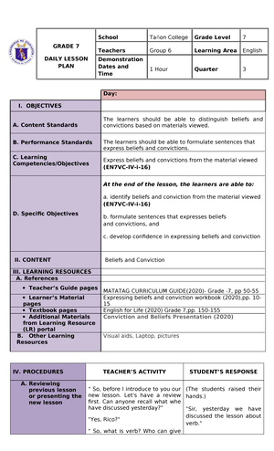 BSED-ENG-IV- Lesson-PLAN - LESSON EXEMPLAR IN ENGLISH Republic of the Philippines Department of ...