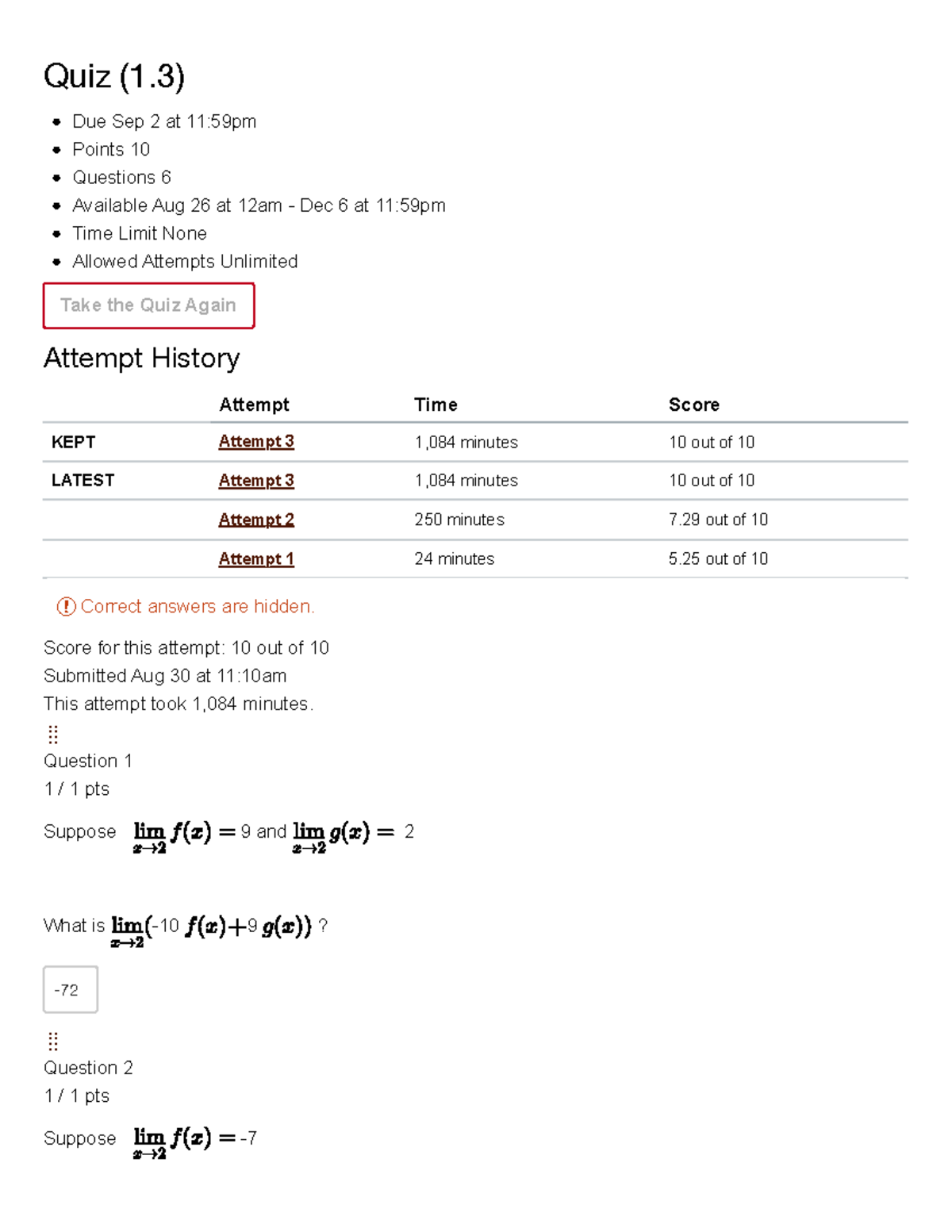 Quiz (1.3) (24FS-Full) Applied Calculus I (001) - Quiz (1) Due Sep 2 at ...