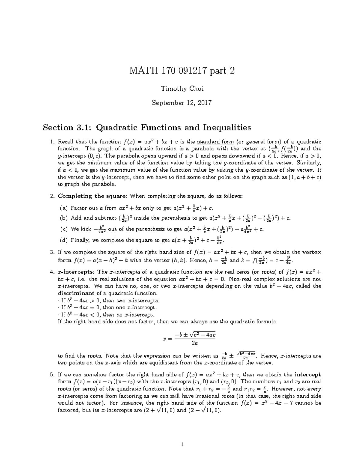 Math170 091217 part2 - Lecture notes 1 - MATH 170 091217 part 2 Timothy ...