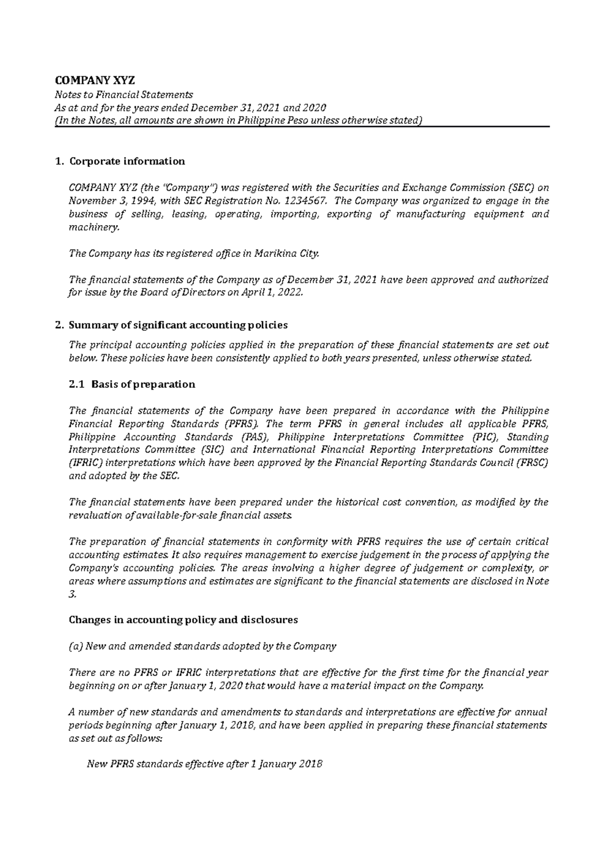 Sample FS Notes Under PFRS FOR SME - COMPANY XYZ Notes to Financial ...