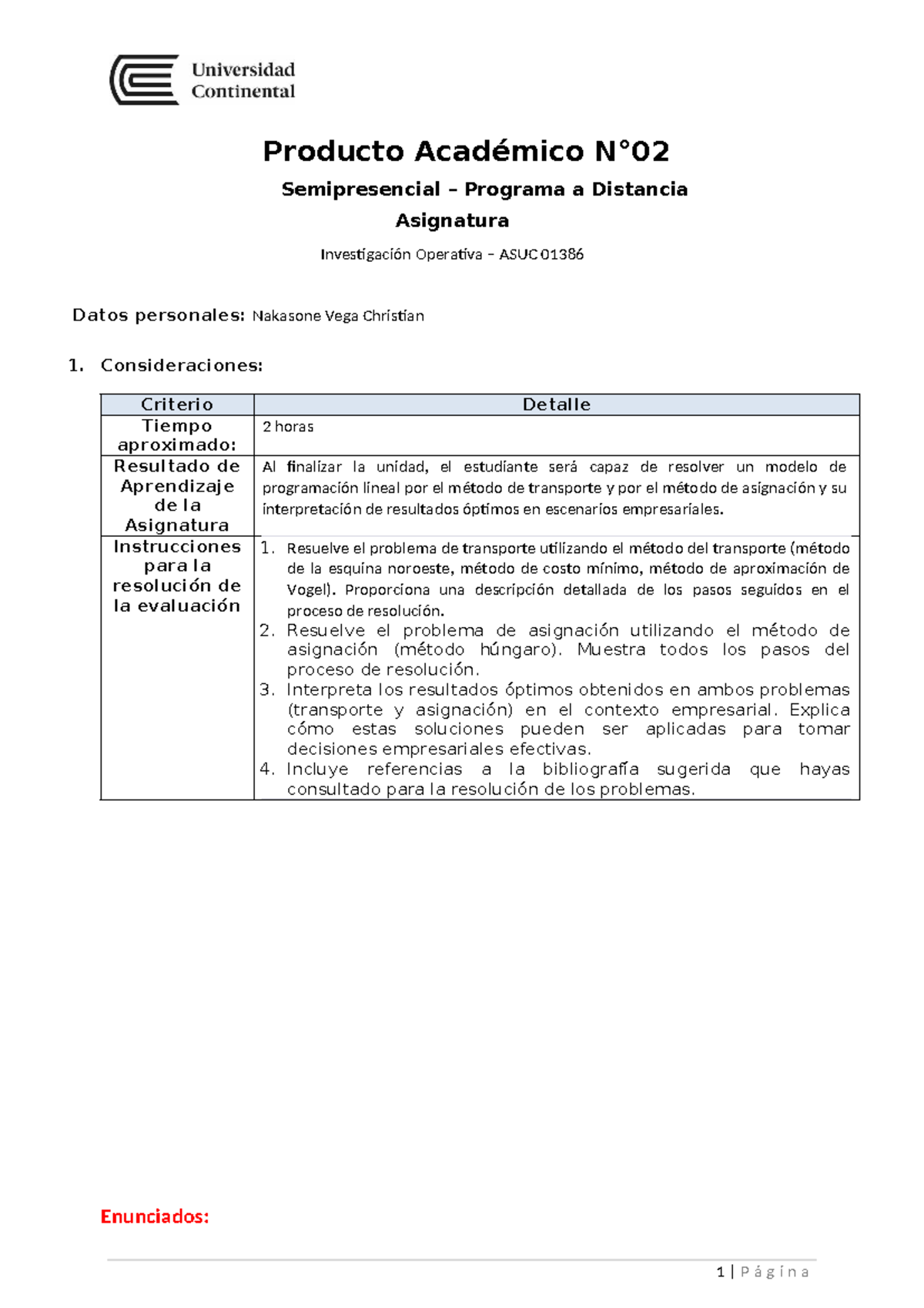 PA NRO 02 Investigacion Operativa - Producto Académico N° Semipresencial – Programa a Distancia ...