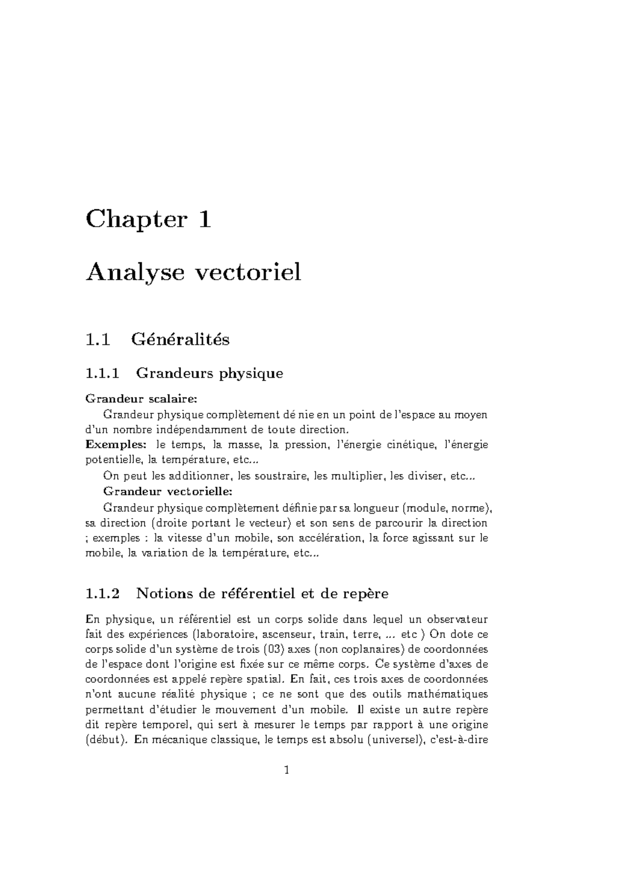 Analyse vectorielle - Chapter 1 Analyse vectoriel 1 G ́en ́eralit ́es 1 ...