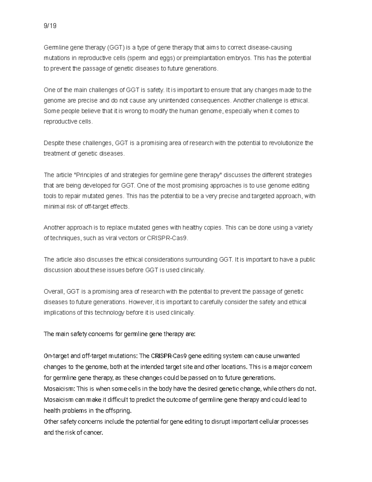 GGT - Lab Report - 9/ Germline gene therapy (GGT) is a type of gene ...