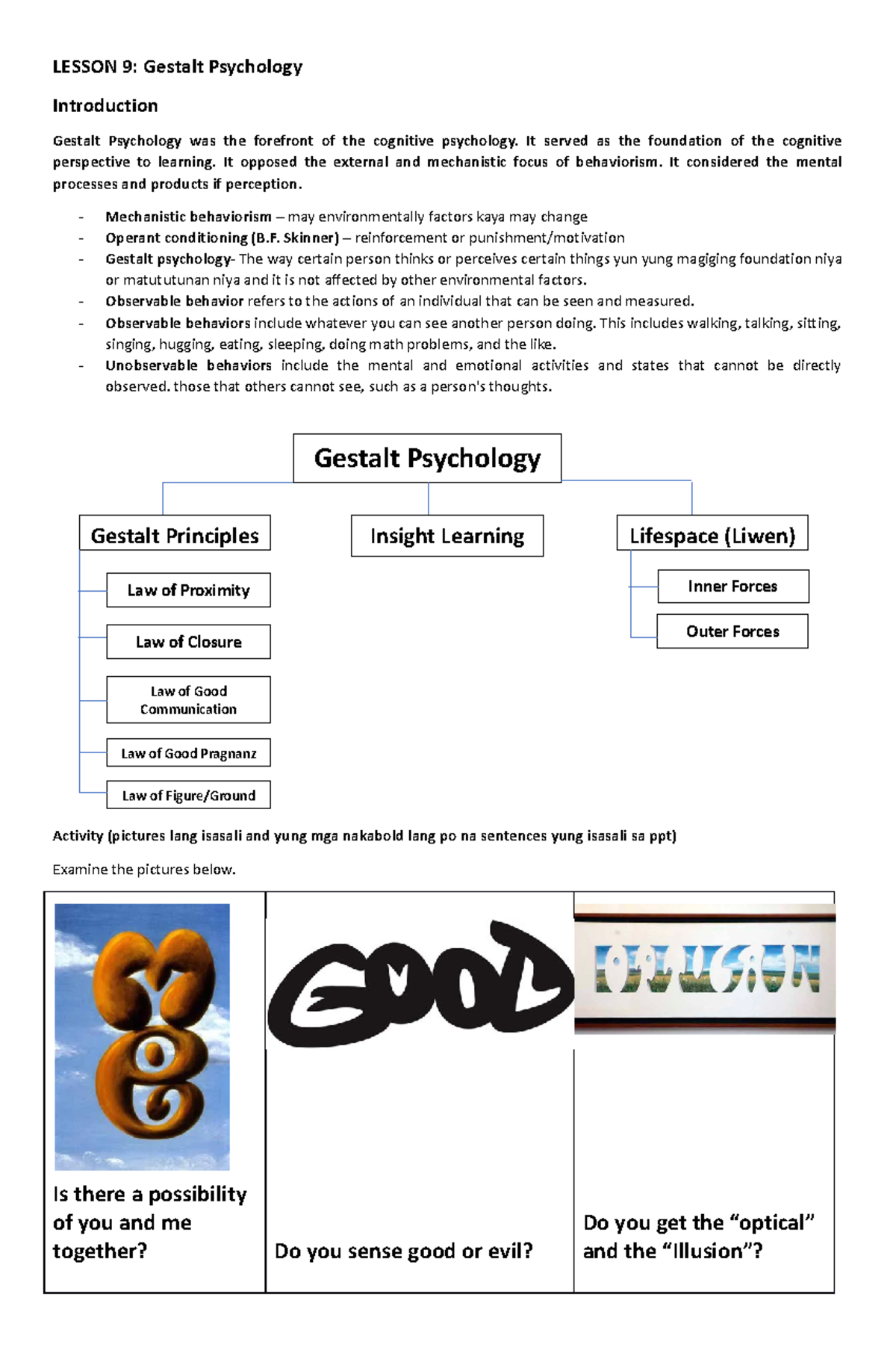 Lesson 9 - none - LESSON 9: Gestalt Psychology Introduction Gestalt ...